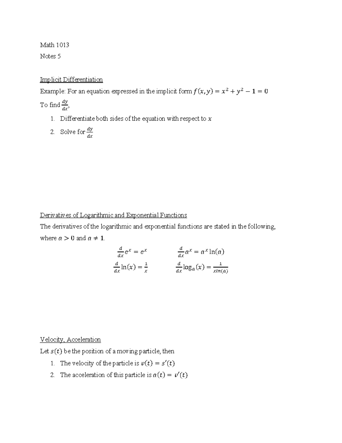 Math 1012 Tutorial Notes 5 - Calculus IA - Studocu