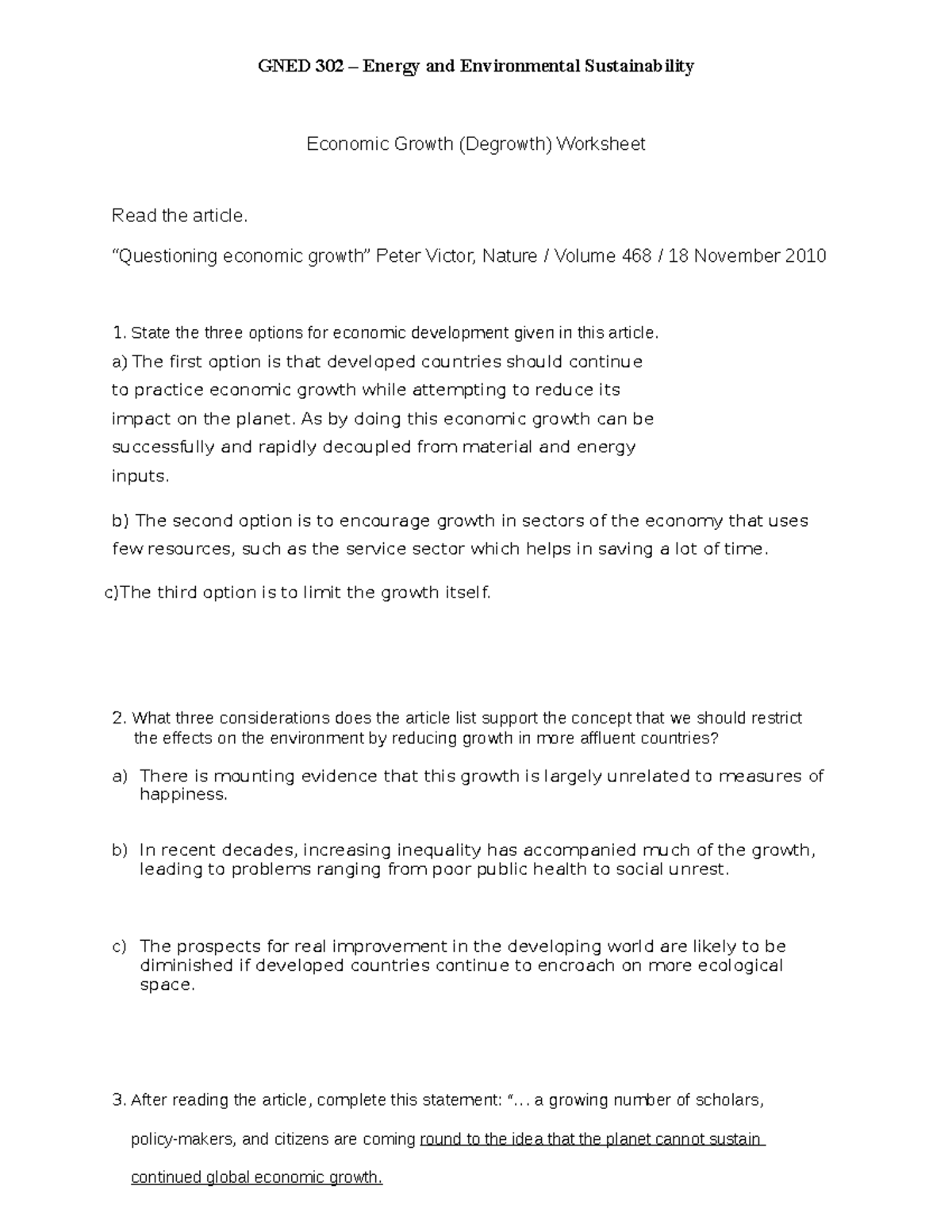De growth assignment - GNED 302 – Energy and Environmental ...