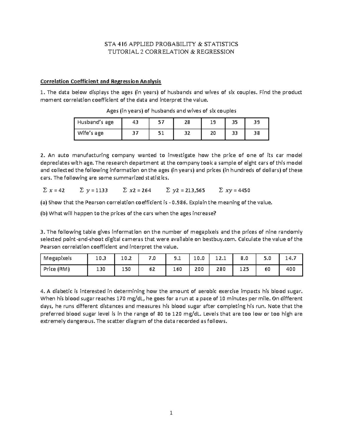 Tutorial 2 - question only - STA 416 APPLIED PROBABILITY & STATISTICS TUTORIAL 2 CORRELATION ...