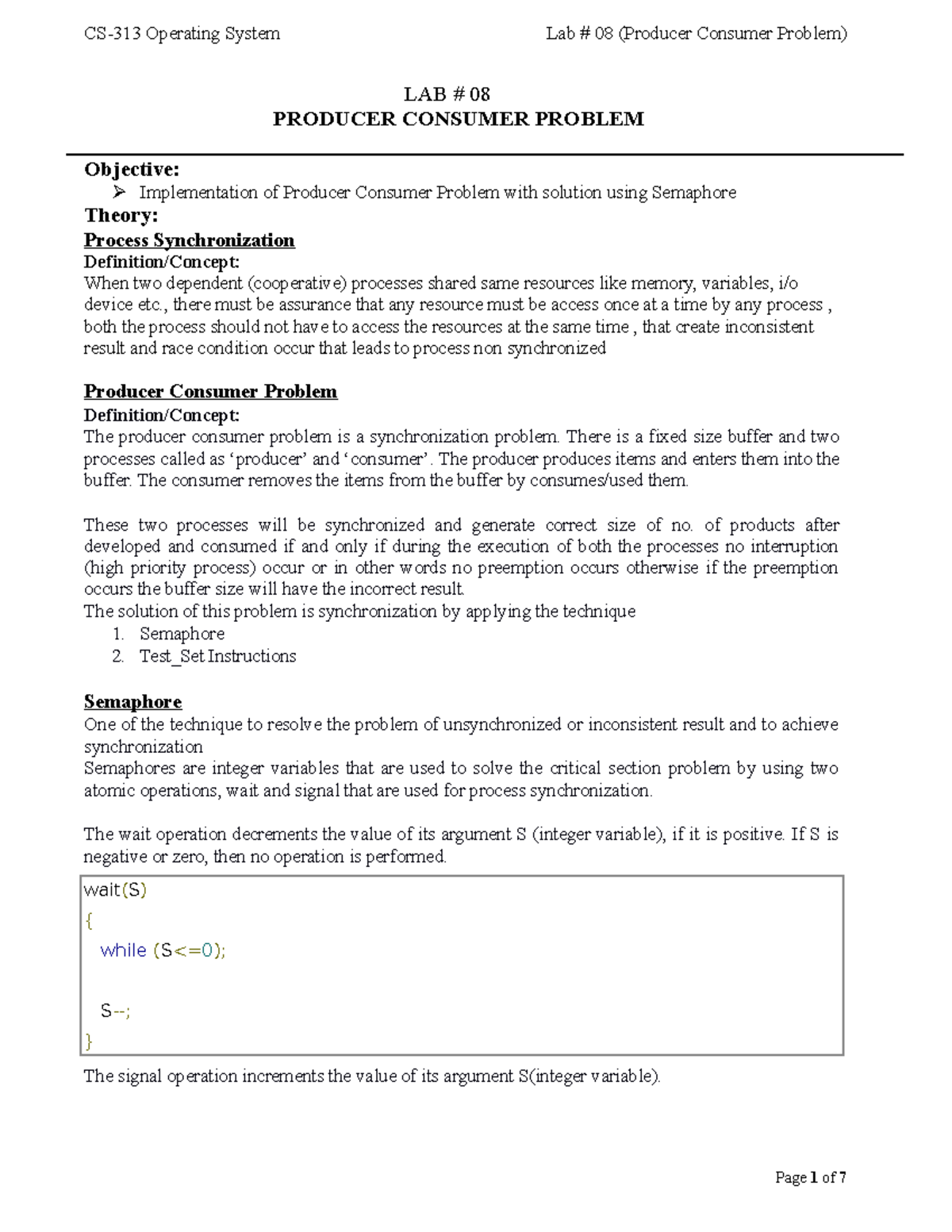Lab 8 Producer Consumer Problem Lab 08 Producer Consumer Problem Objective Implementation