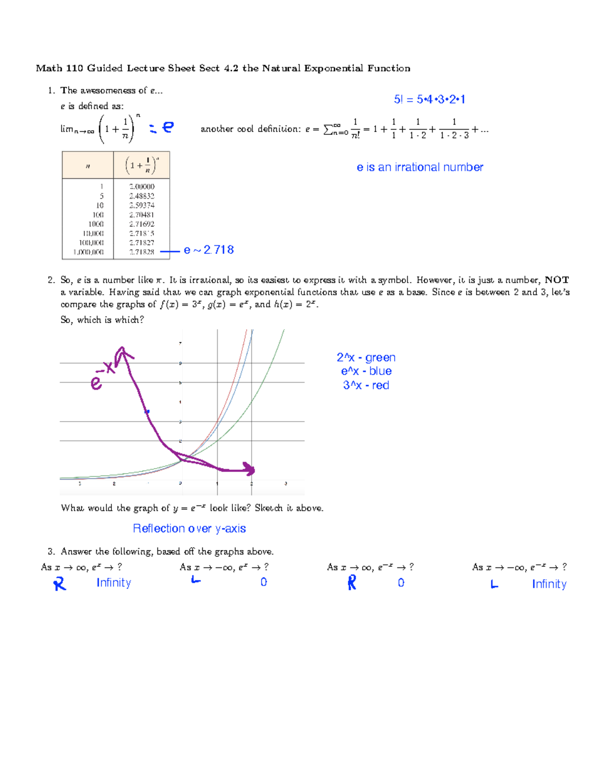Math 110 (4.2 Guided) - Math 110 Guided Lecture Sheet Sect 4 the Natural Exponential Function ...