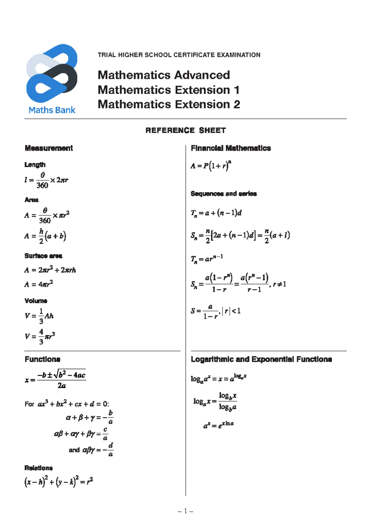 2023 Maths Bank HSC Mathematics Extension 1 Reference Sheet - TRIAL ...