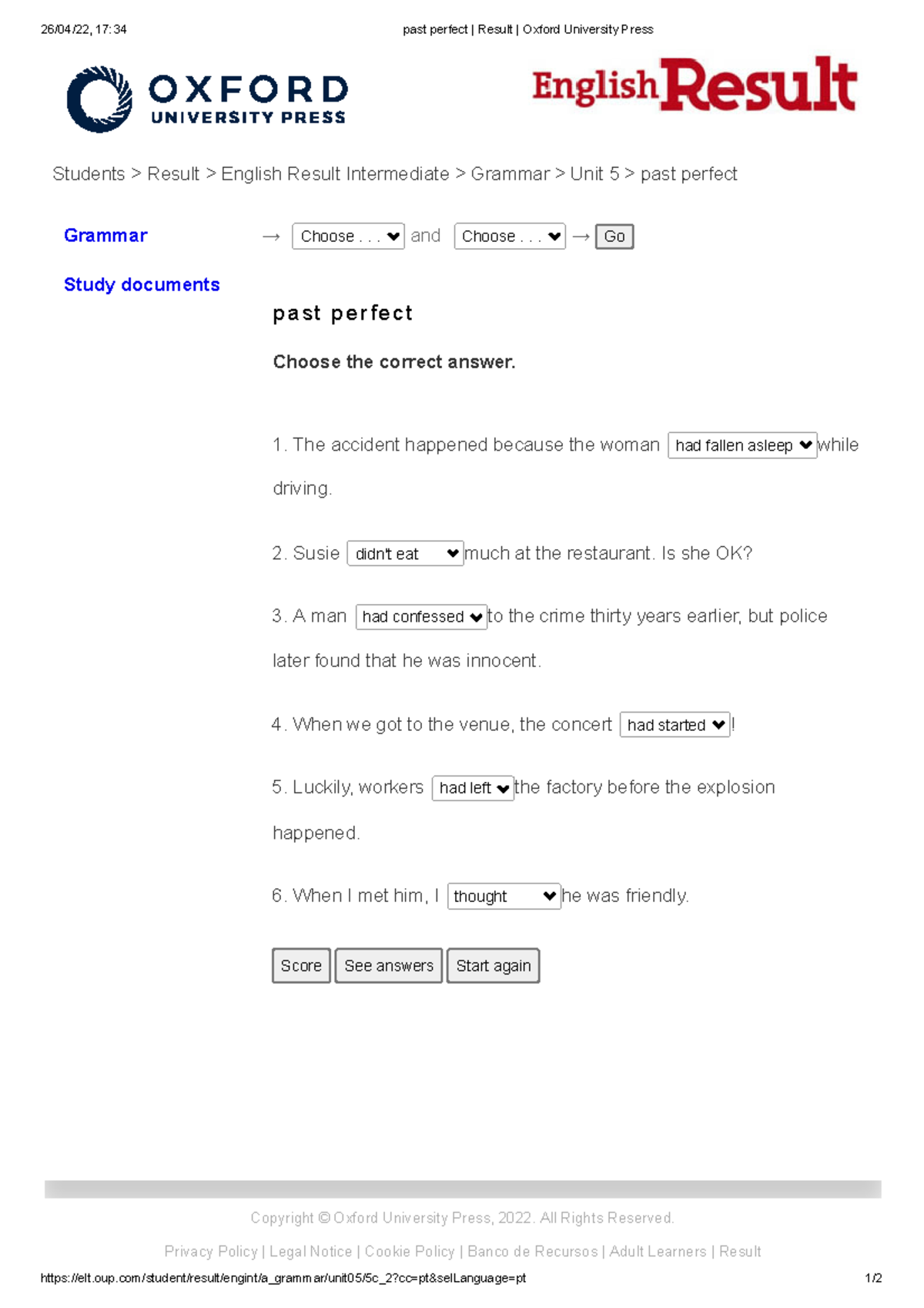 Past perfect Result Oxford University Press - 26/04/22, 17:34 past ...