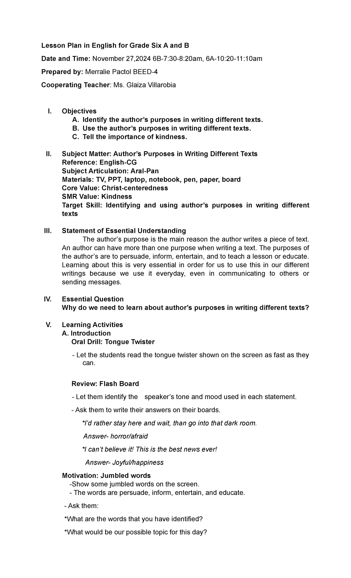 Lesson Plan in English grade 6Aand 6B Merralie Pactol - Lesson Plan in ...