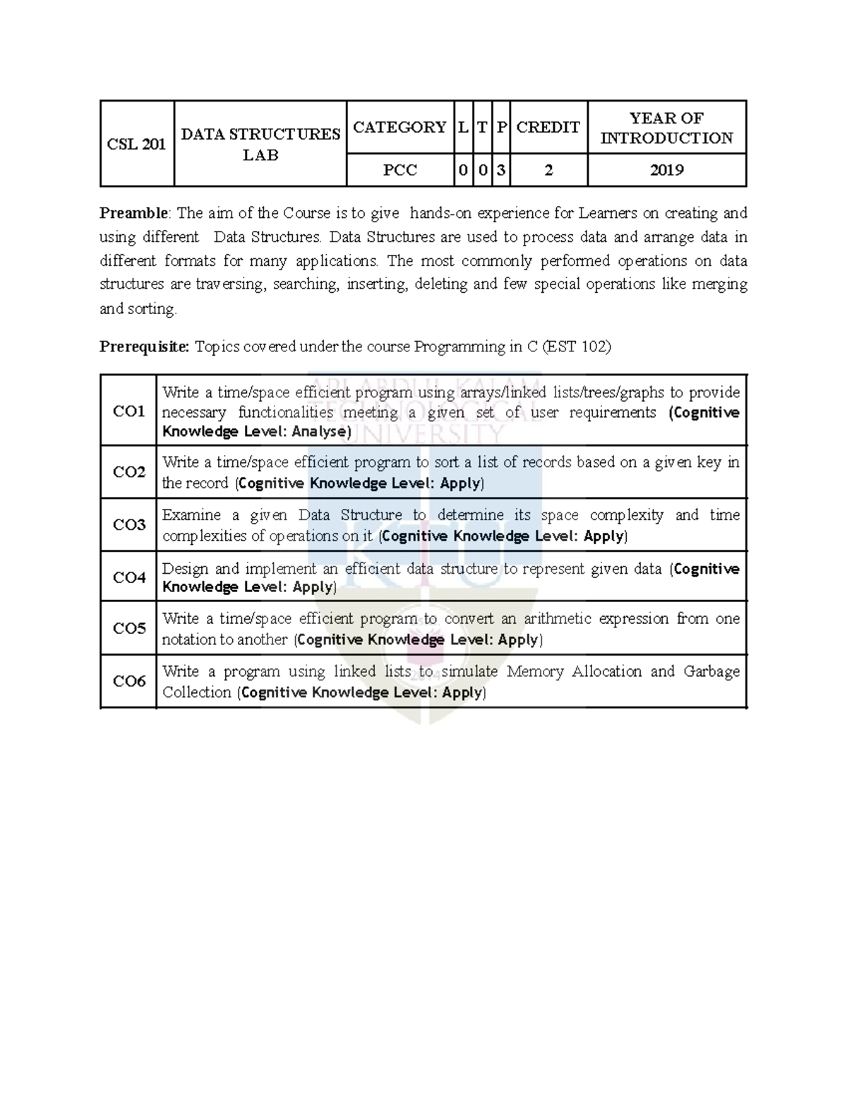 CSL201 - DS LAB Syllabus - Preamble: The aim of the Course is to give ...