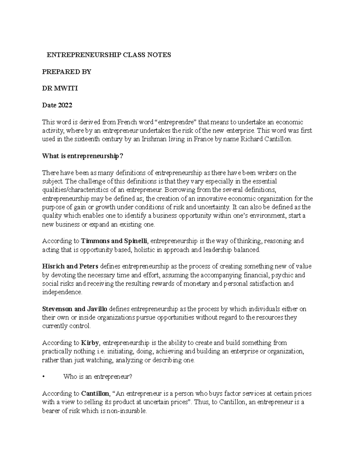 Class notes on entrepreneurship - ENTREPRENEURSHIP CLASS NOTES PREPARED ...