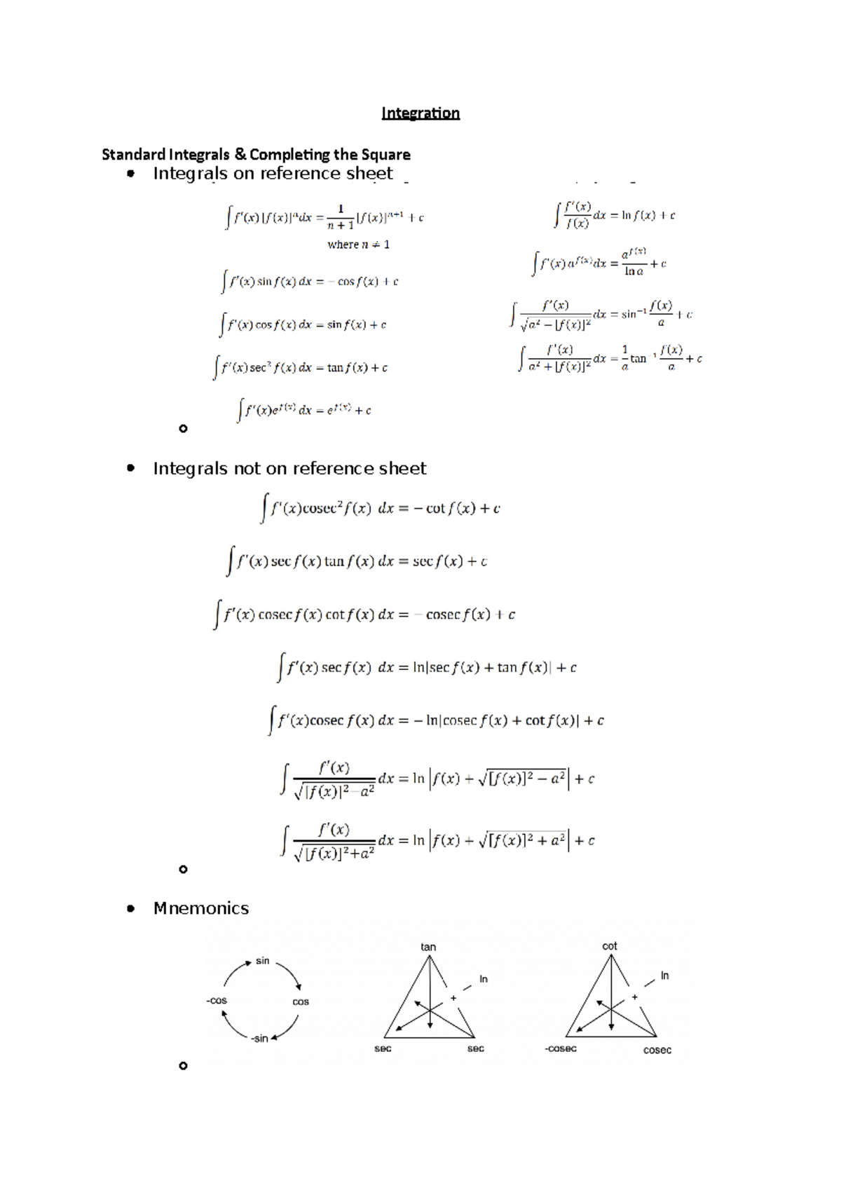 Integration notes maths ext 2 - year 12 - Integra琀椀on Standard ...