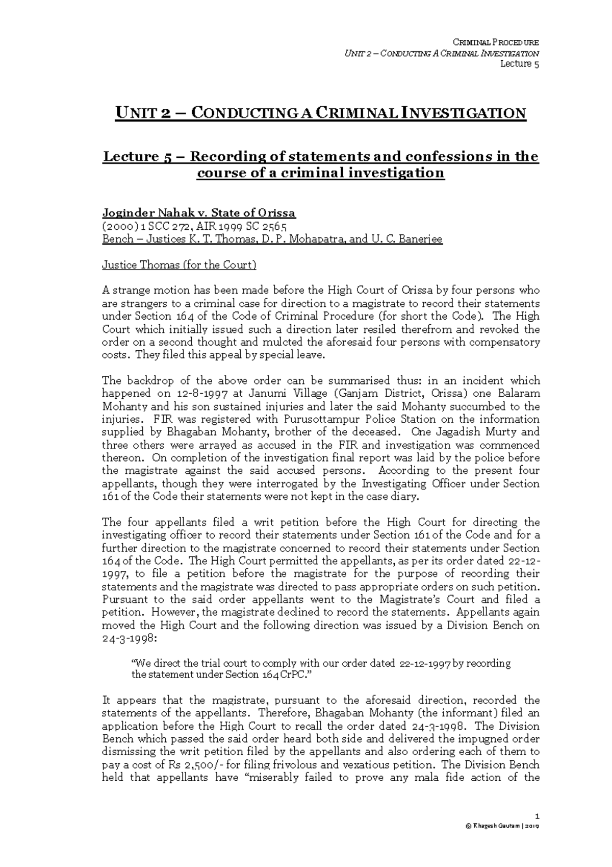 Lecture 5 - Recording of statements and confessions in the course of an ...