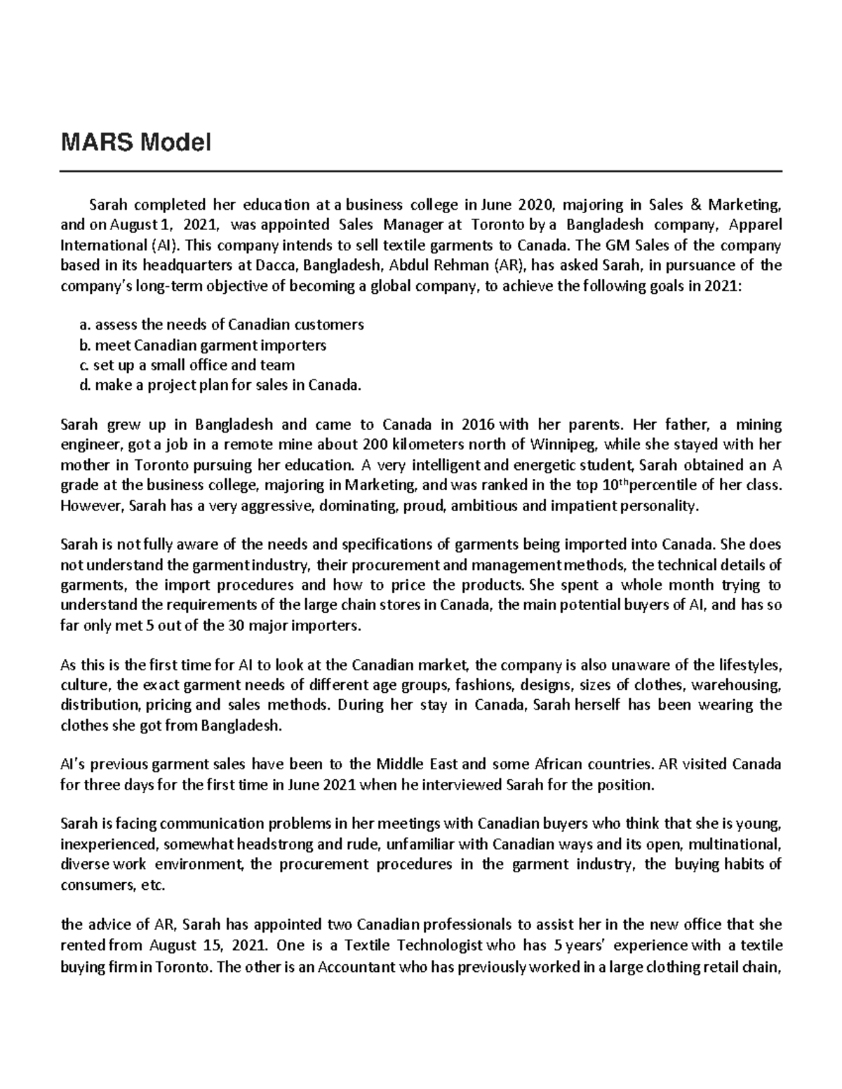 MARS Model - Case Study - Okay - MARS Model Sarah completed her ...