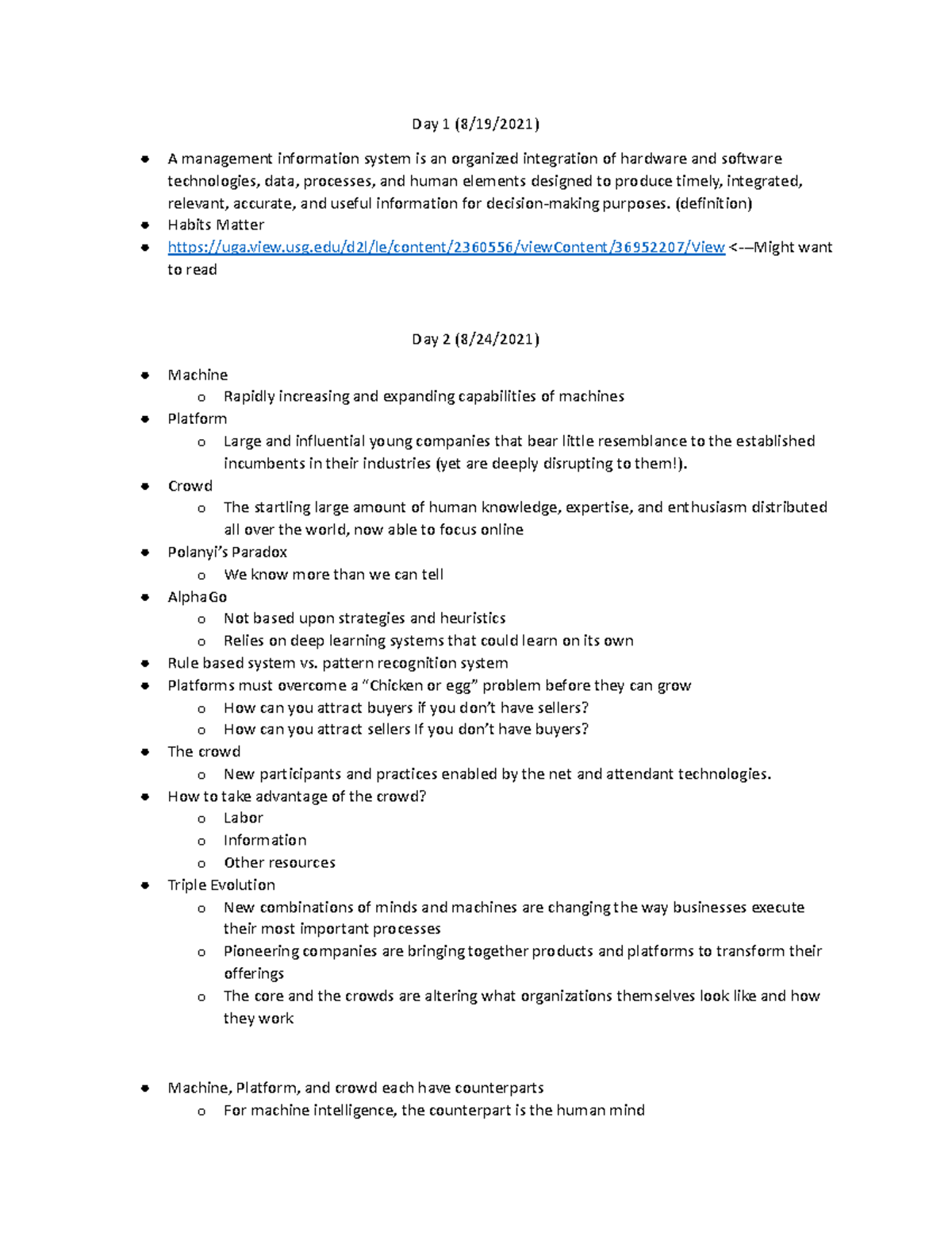 Management Information Systems Notes - Day 1 (8/19/2021) A management ...