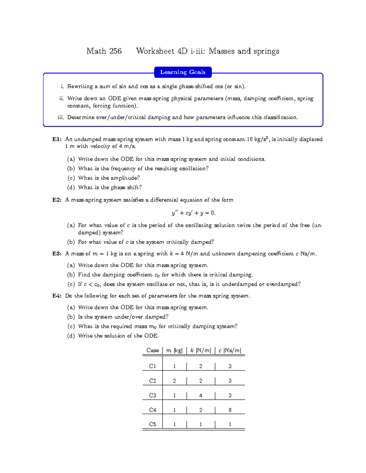 Worksheet 4D i iii Masses and springs - Math 256 Worksheet 4D i-iii ...