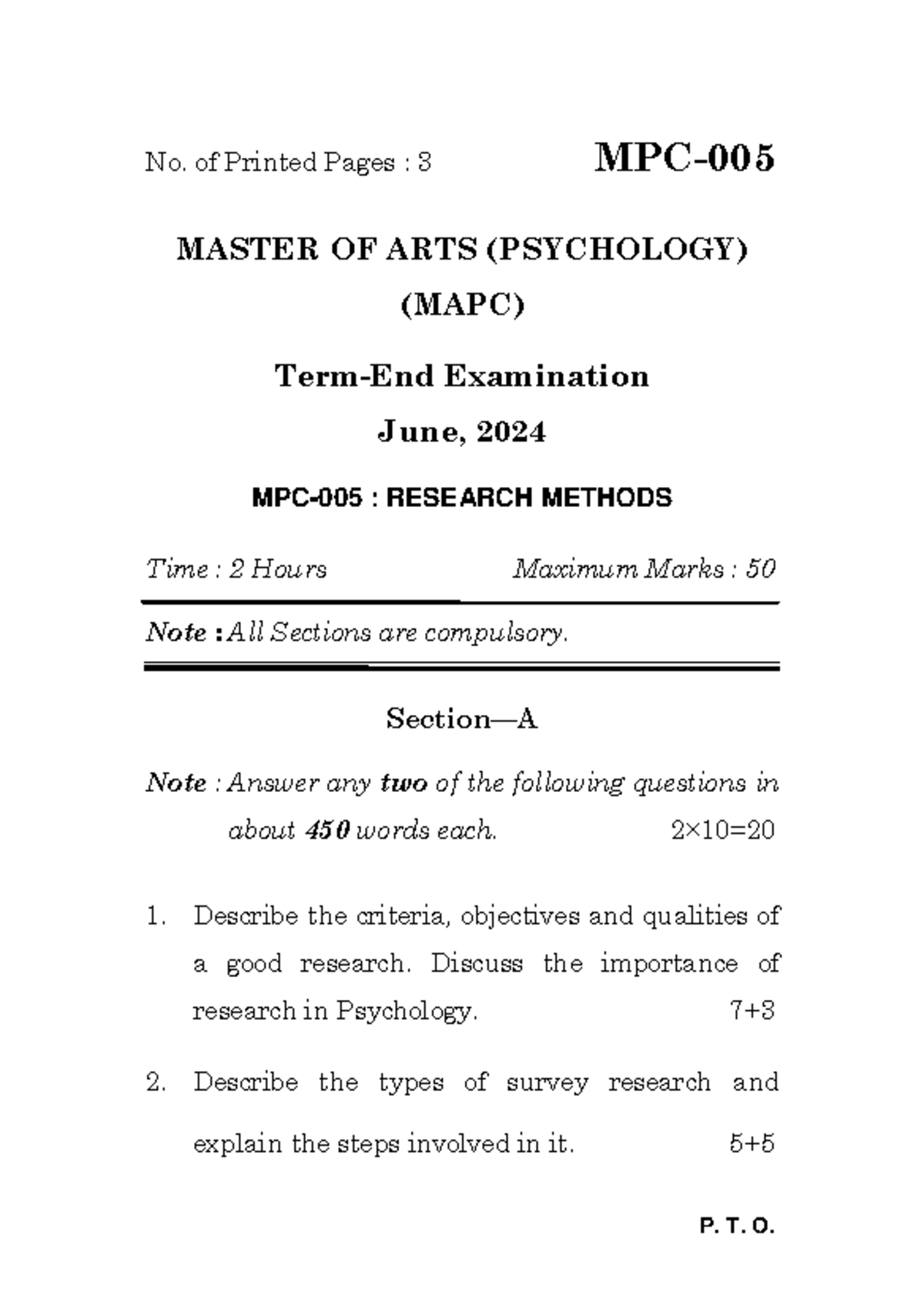MPC-005 - Olall - P. T. O. No. of Printed Pages : 3 MPC- MASTER OF ARTS (PSYCHOLOGY) (MAPC) Term ...