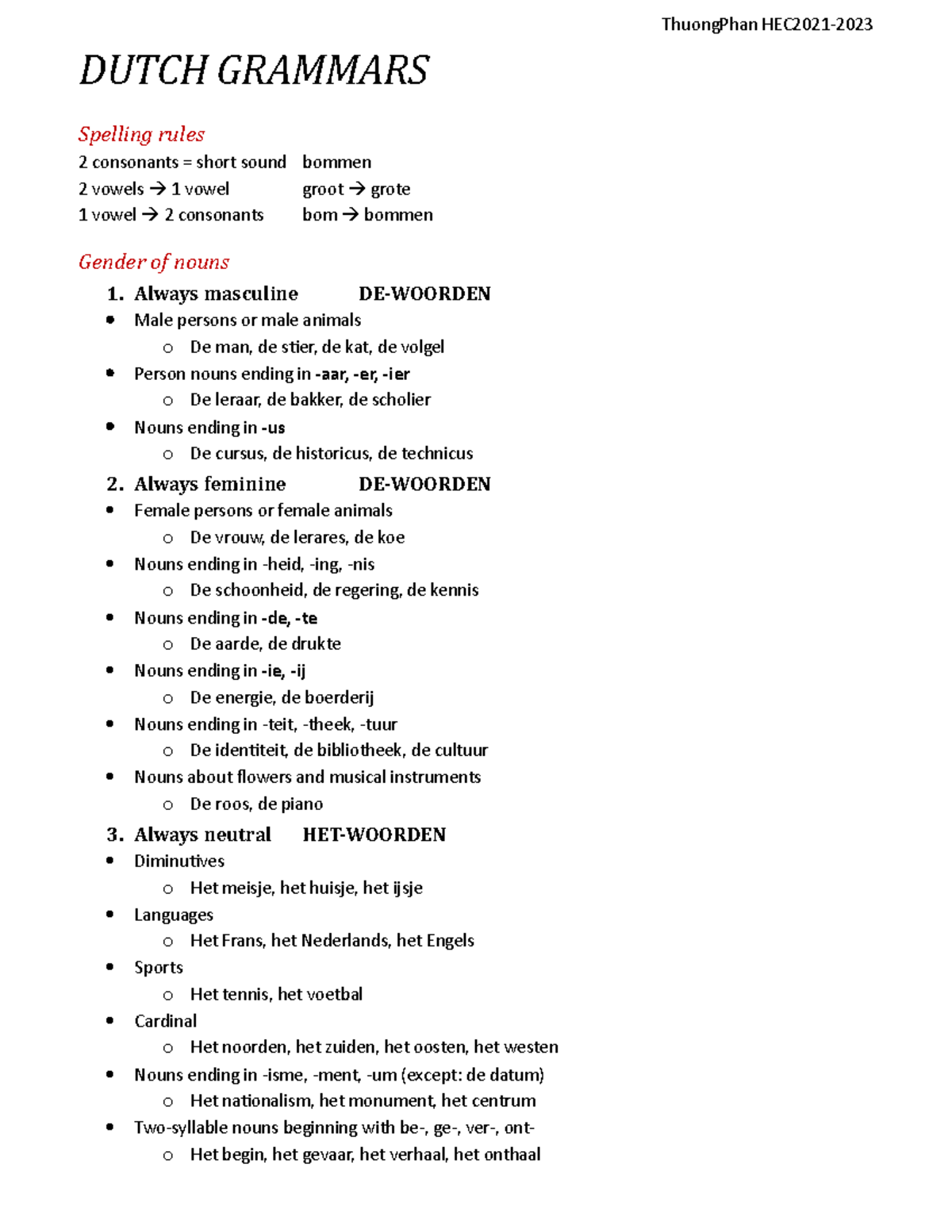 Grammar summary - DUTCH GRAMMARS Spelling rules 2 consonants = short ...