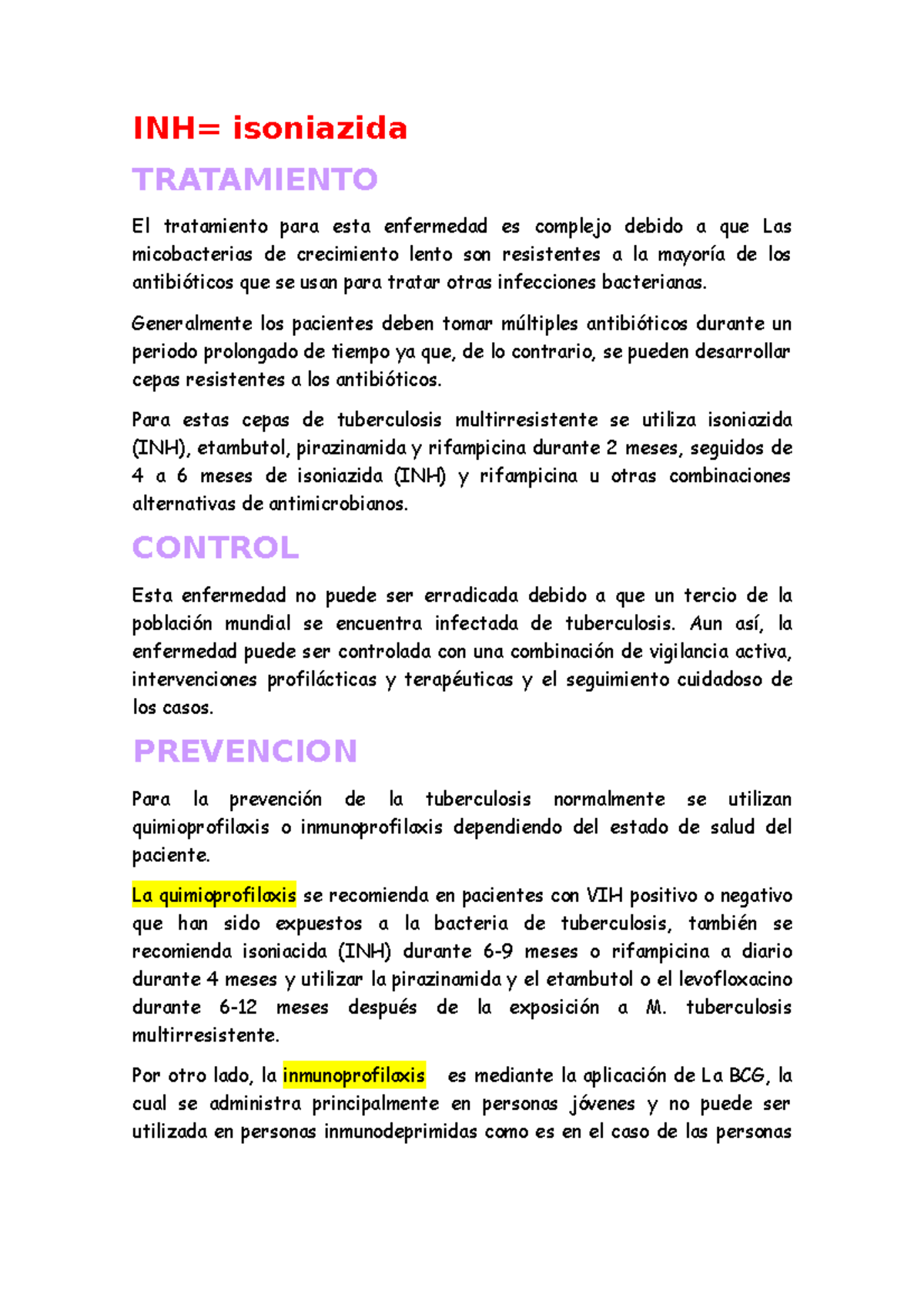Tuberculosis tratamiento prevension y causas - INH= isoniazida ...