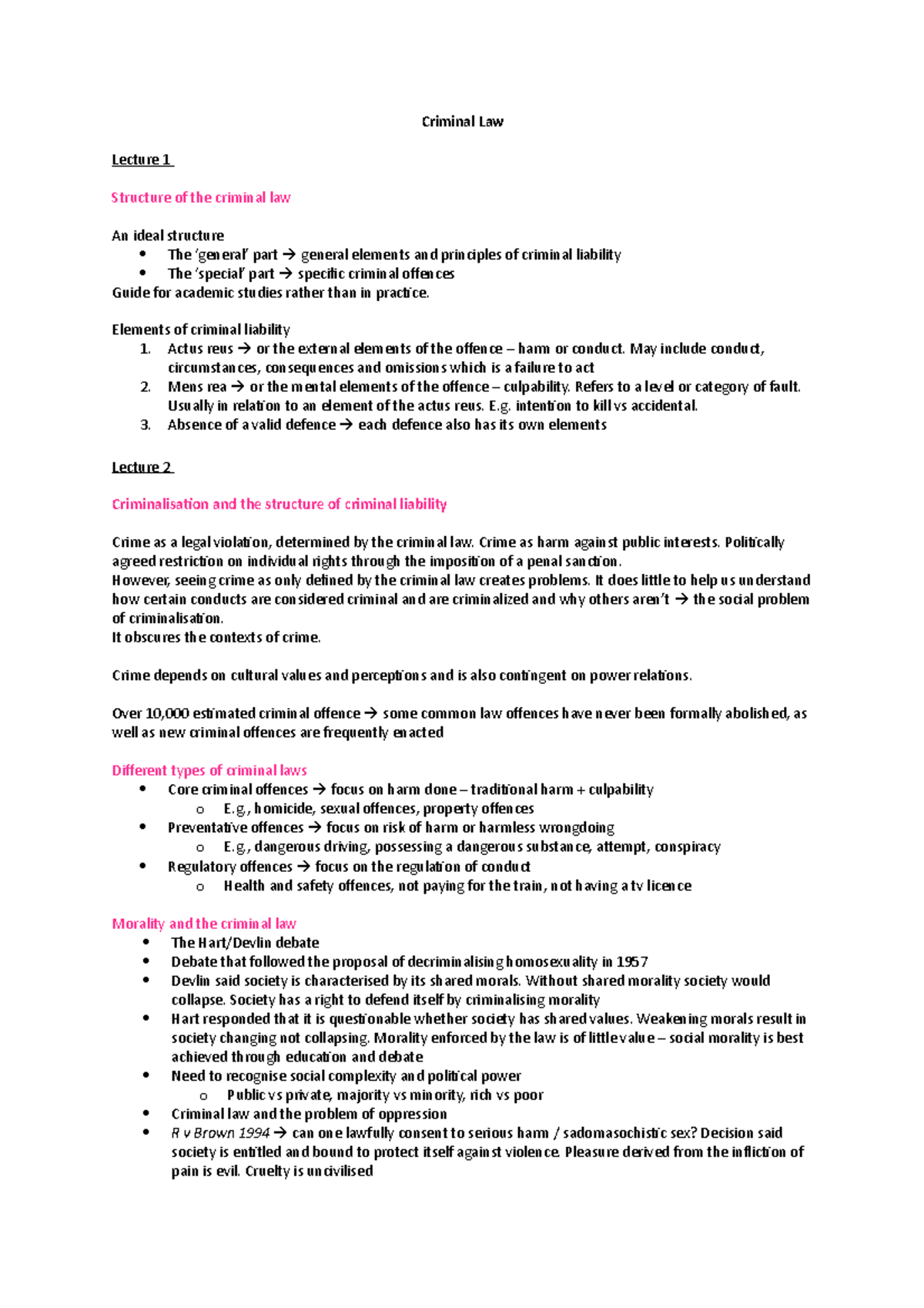 Criminal Law 1-5 - Lecture and seminar notes weeks 1 to 5 - Criminal ...