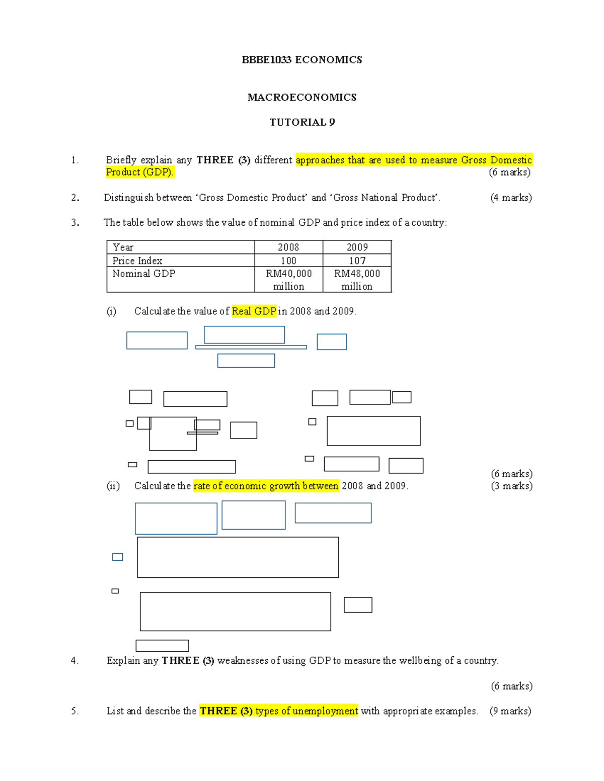 Tutorial 9 Measuring GDP Inflation Unemployment - BBBE1033 ECONOMICS MACROECONOMICS TUTORIAL 9 ...
