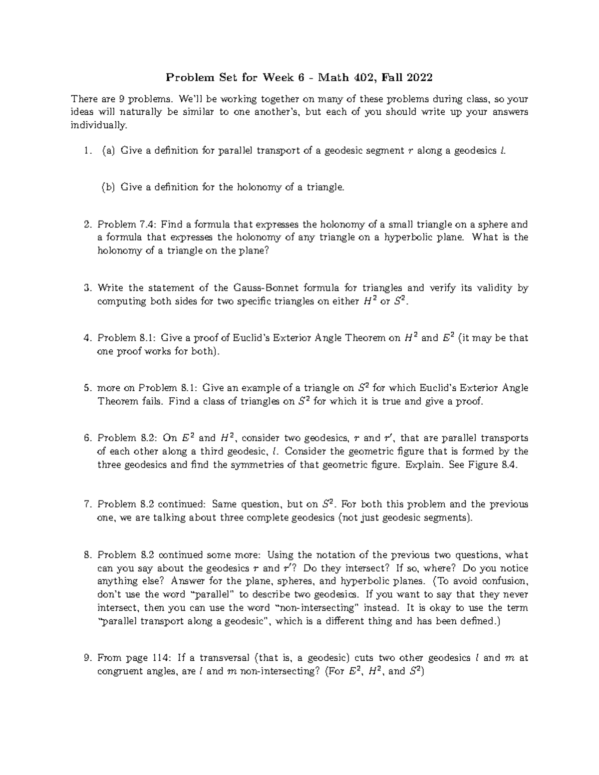 402 Problem Set Week 6 - Geometry - Problem Set for Week 6 - Math 402 ...