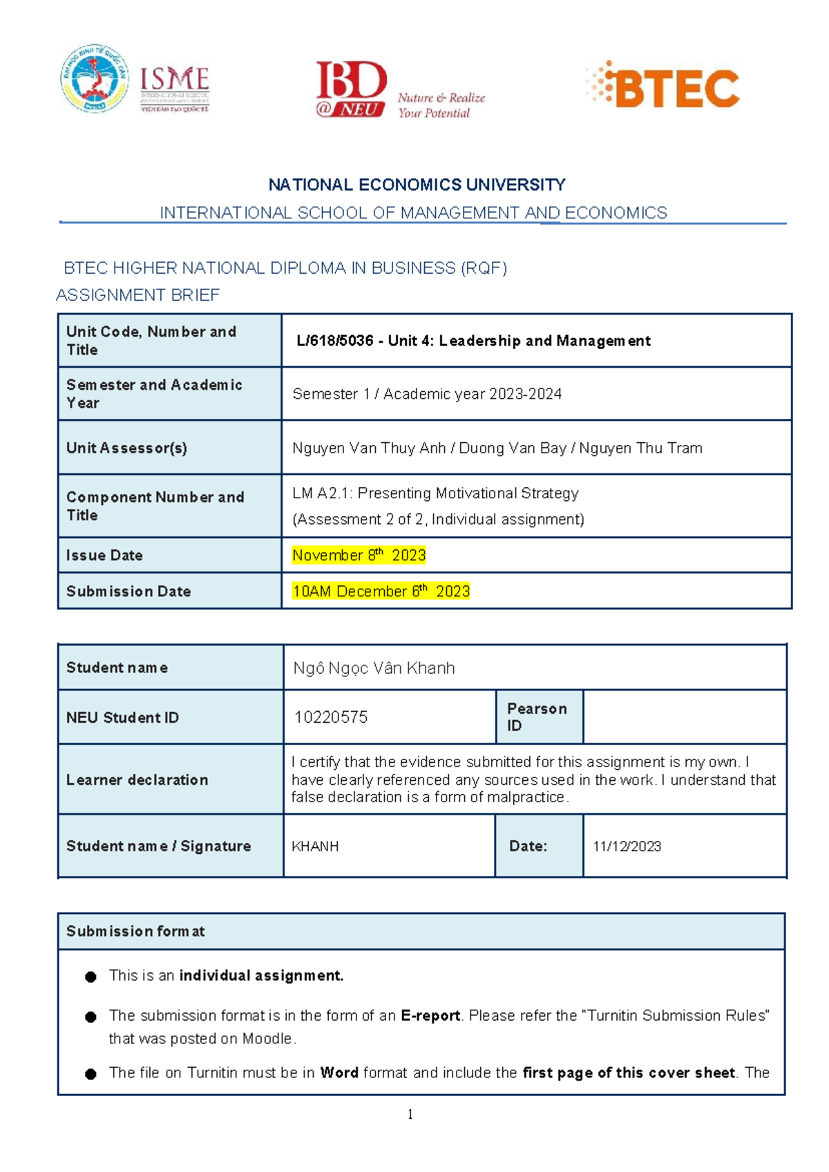 LM - A2 Assignment Brief - 2023 Fall - NATIONAL ECONOMICS UNIVERSITY INTERNATIONAL SCHOOL OF ...