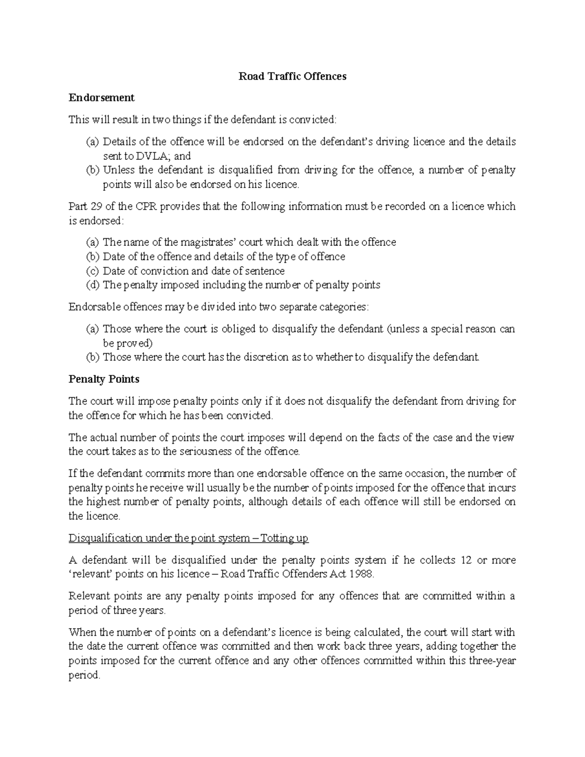 Road Traffic Offences Notes - Road Traffic Offences Endorsement This ...