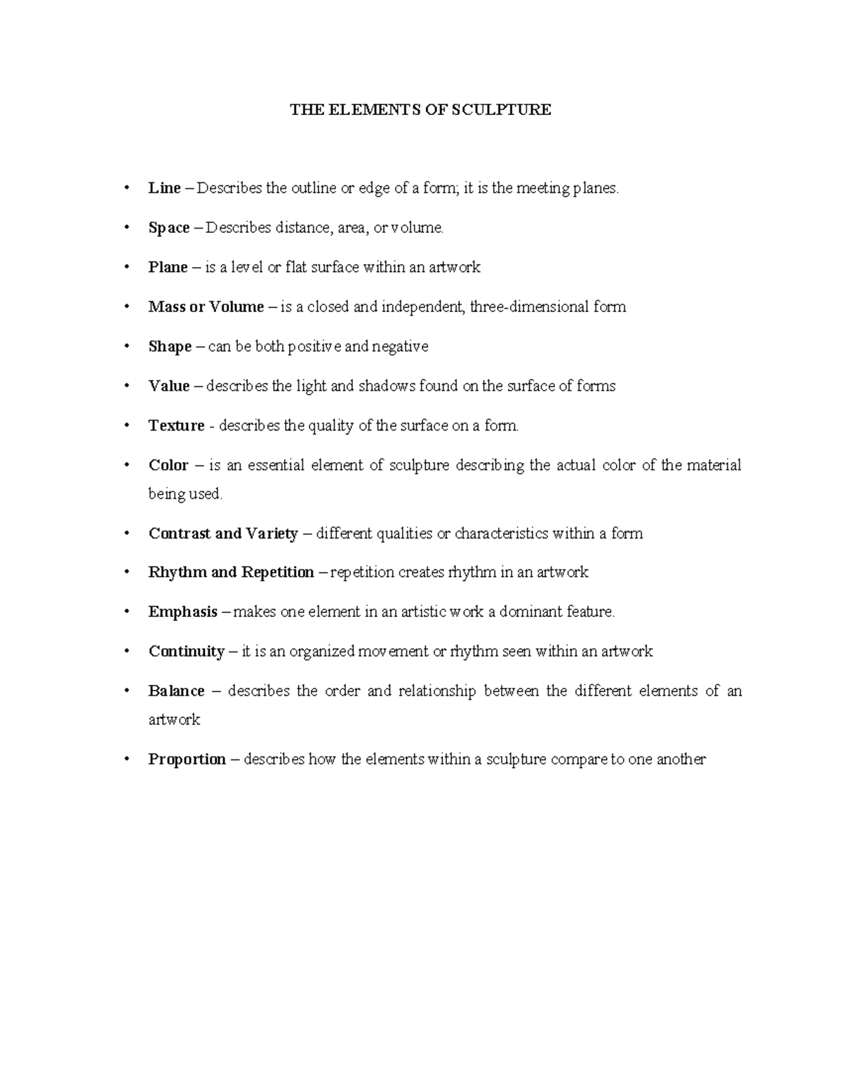 THE Elements OF Sculpture - THE ELEMENTS OF SCULPTURE Line – Describes ...