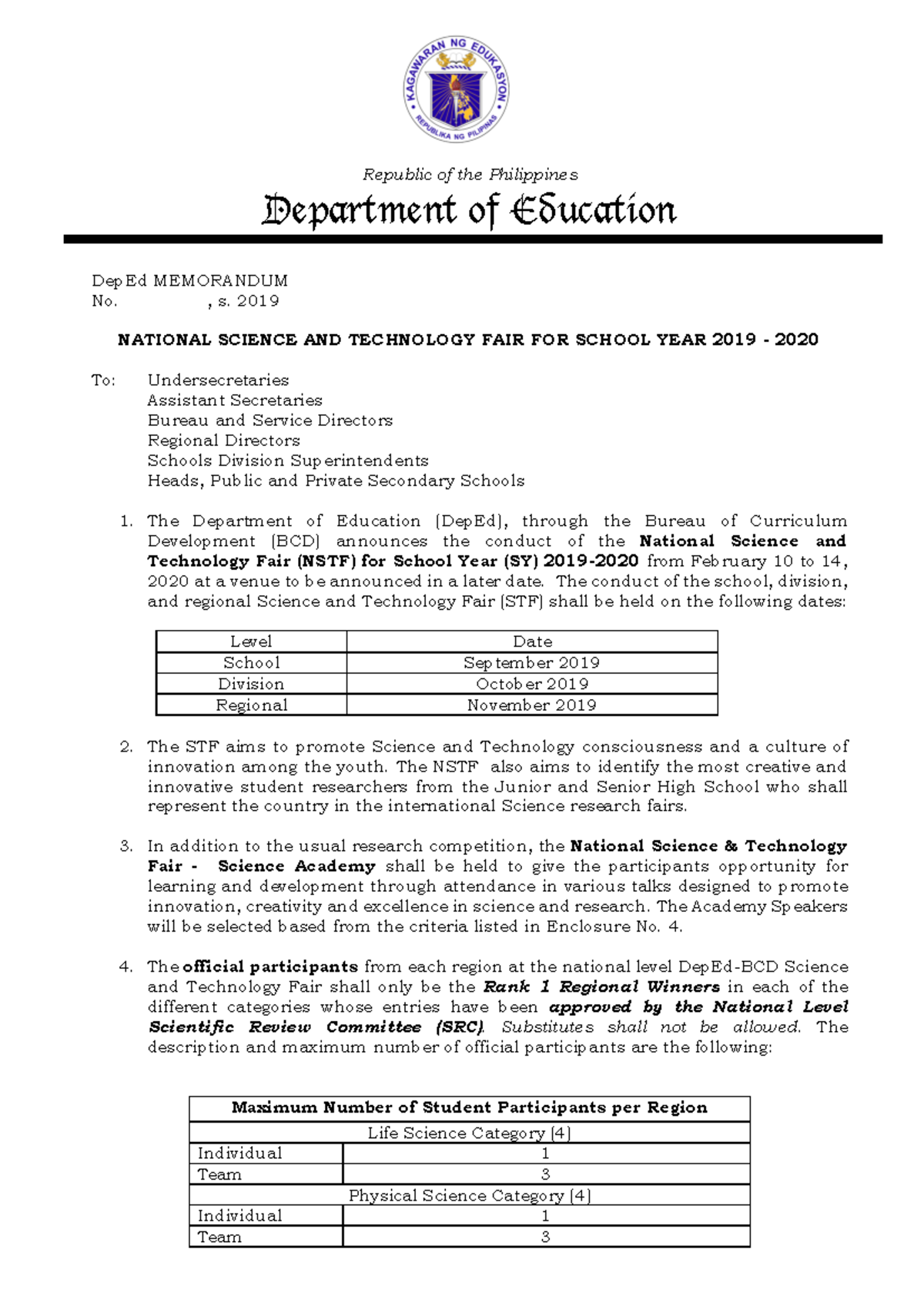 Nstf-2019-2020 - dll - Republic of the Philippines Department of Education DepEd MEMORANDUM No ...