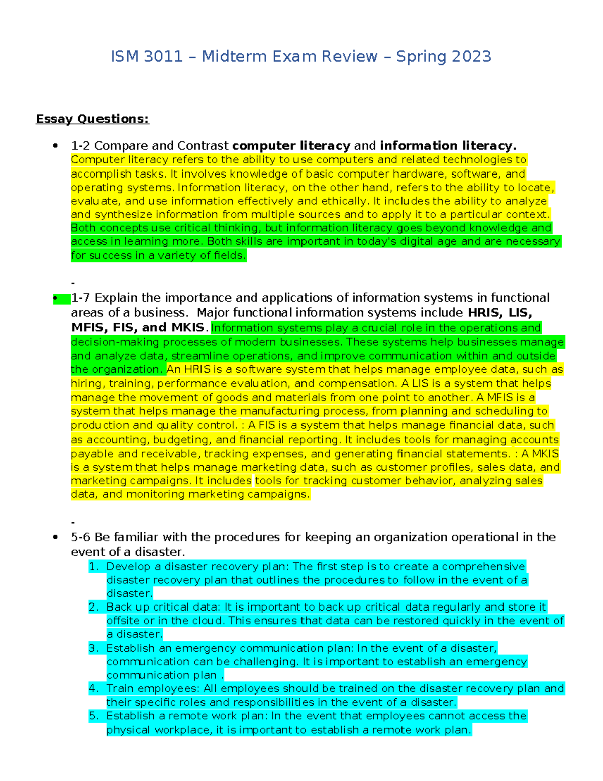ISM- Midterm Study Guide - ISM 3011 – Midterm Exam Review – Spring 2023 ...