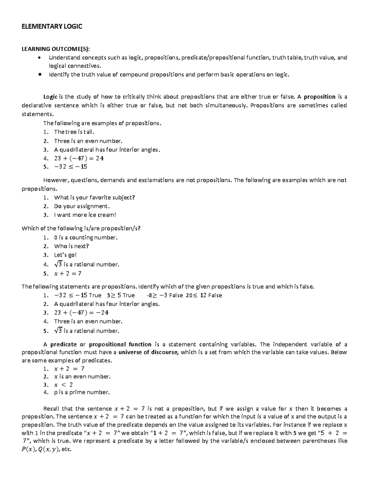 Elementary- Logic - ELEMENTARY LOGIC LEARNING OUTCOME(S): Understand ...