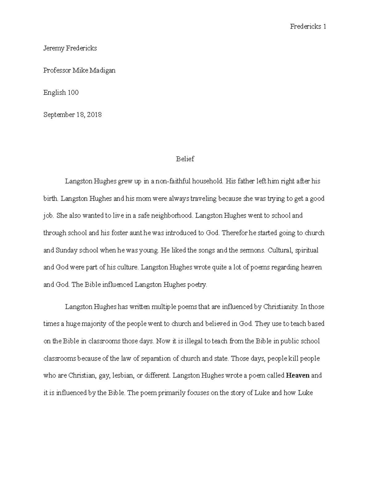English 100 Paper - essay - Jeremy Fredericks Professor Mike Madigan ...