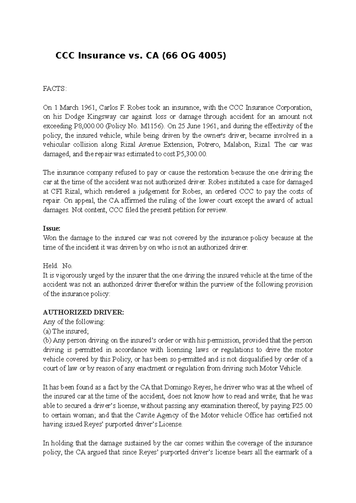 CCC Insurance vs. CA (66 OG 4005) - CCC Insurance vs. CA (66 OG 4005 ...
