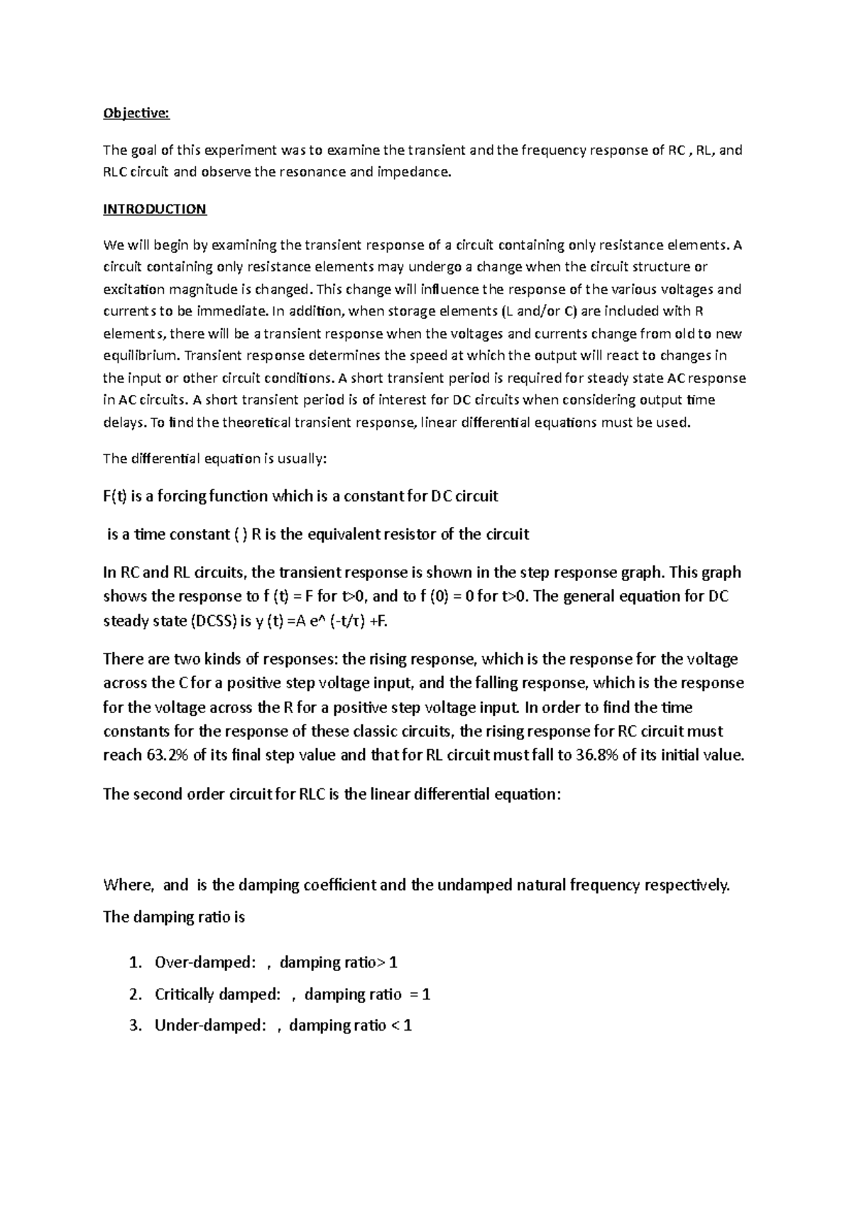 Lab report of lab experiment 4 elec 273 - Objective: The goal of this ...