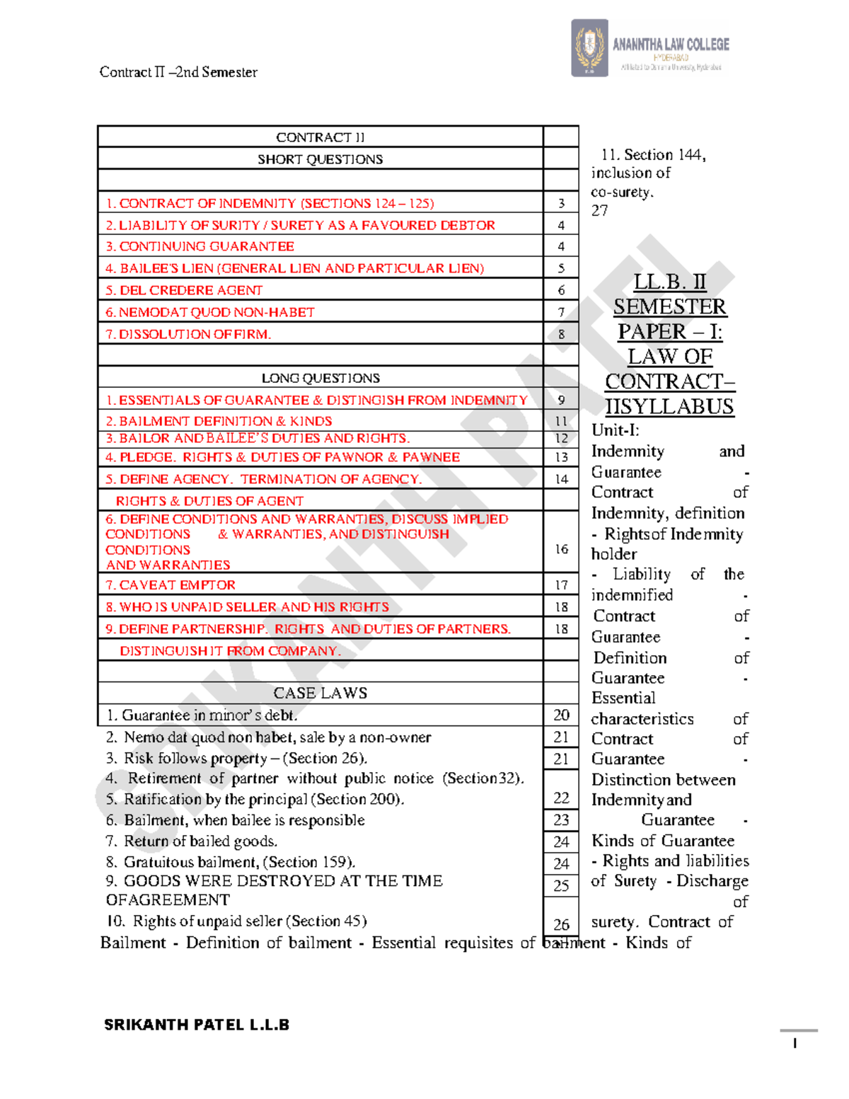 Law of Contracts - II - SRIKANTH PATEL L Section 144, inclusion of co-surety. 27 LL. II SEMESTER ...