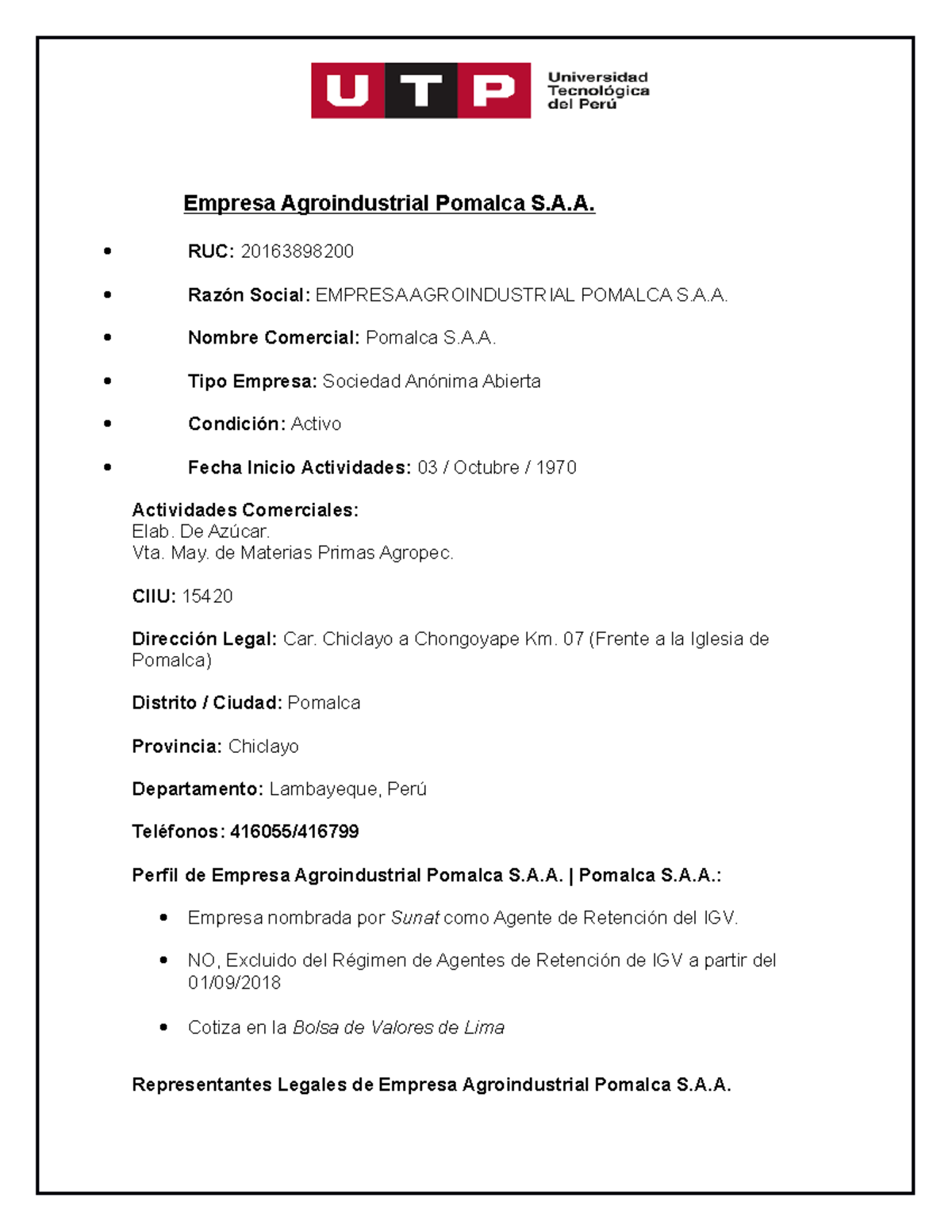 TA 01 Aduditoria - TAREA ACADEMICA 01 - Empresa Agroindustrial Pomalca ...