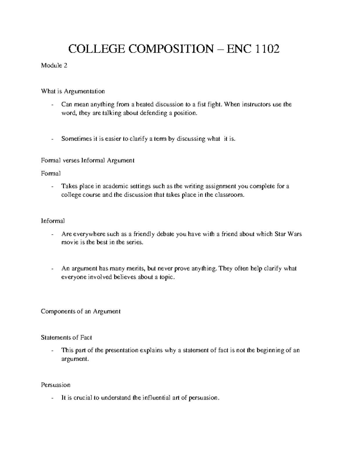College Composition ENC1102 notes 2 - COLLEGE COMPOSITION – ENC 1102 ...