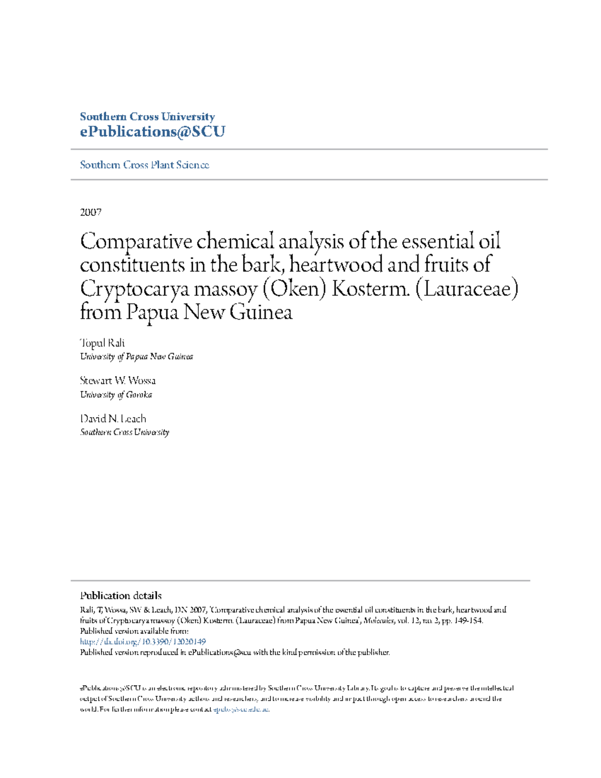 Massoia oil extraction - Southern Cross University ePublications@SCU ...