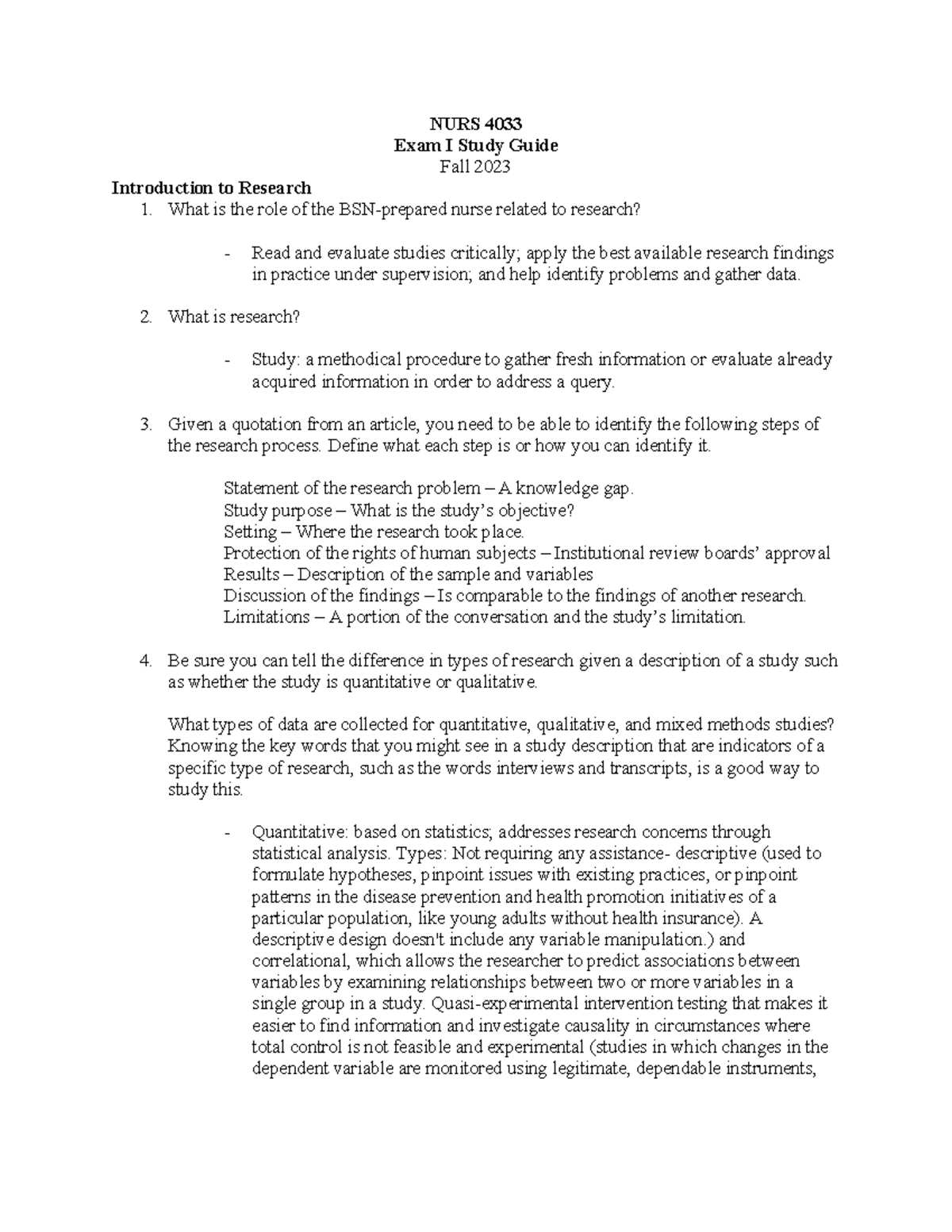 Nursing Research Exam I study guide - NURS 4033 Exam I Study Guide Fall 2023 Introduction to ...