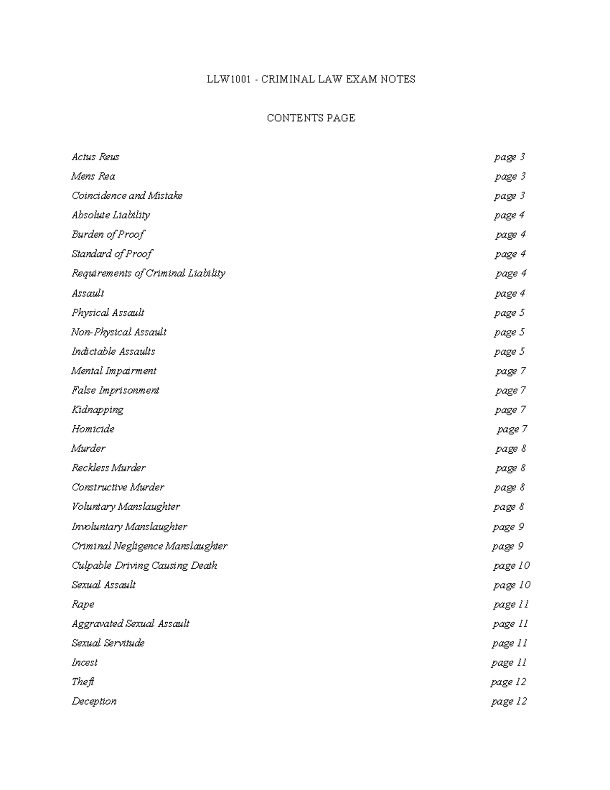 Criminal Law Exam Notes LLW1001 CRIMINAL LAW EXAM NOTES Actus Reus