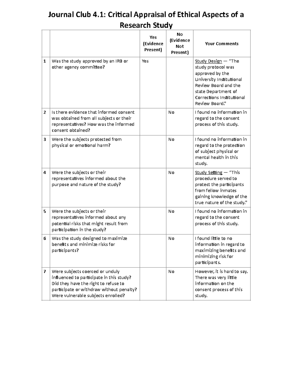 Journal Club 4 - ” 2 Is there evidence that informed consent was ...