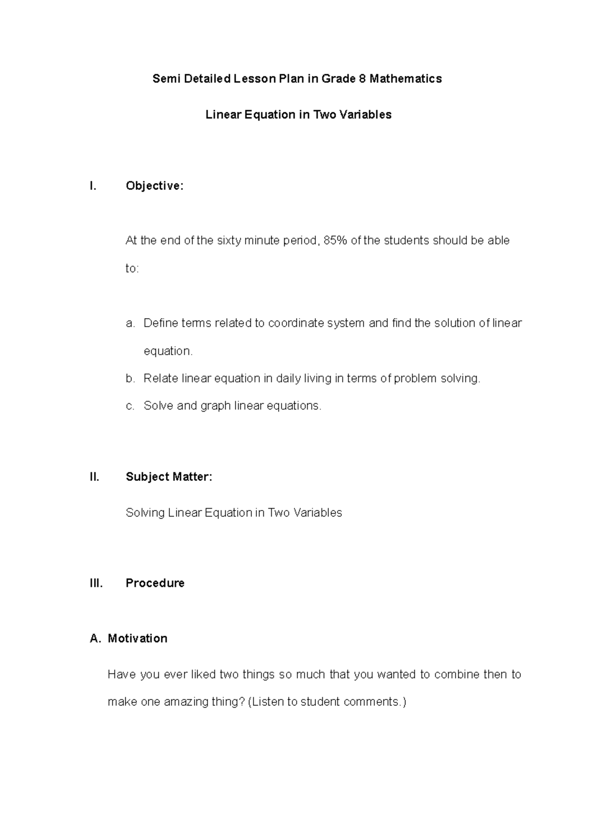 Semi Detailed Lesson Plan in Mathematics - Semi Detailed Lesson Plan in Grade 8 Mathematics ...