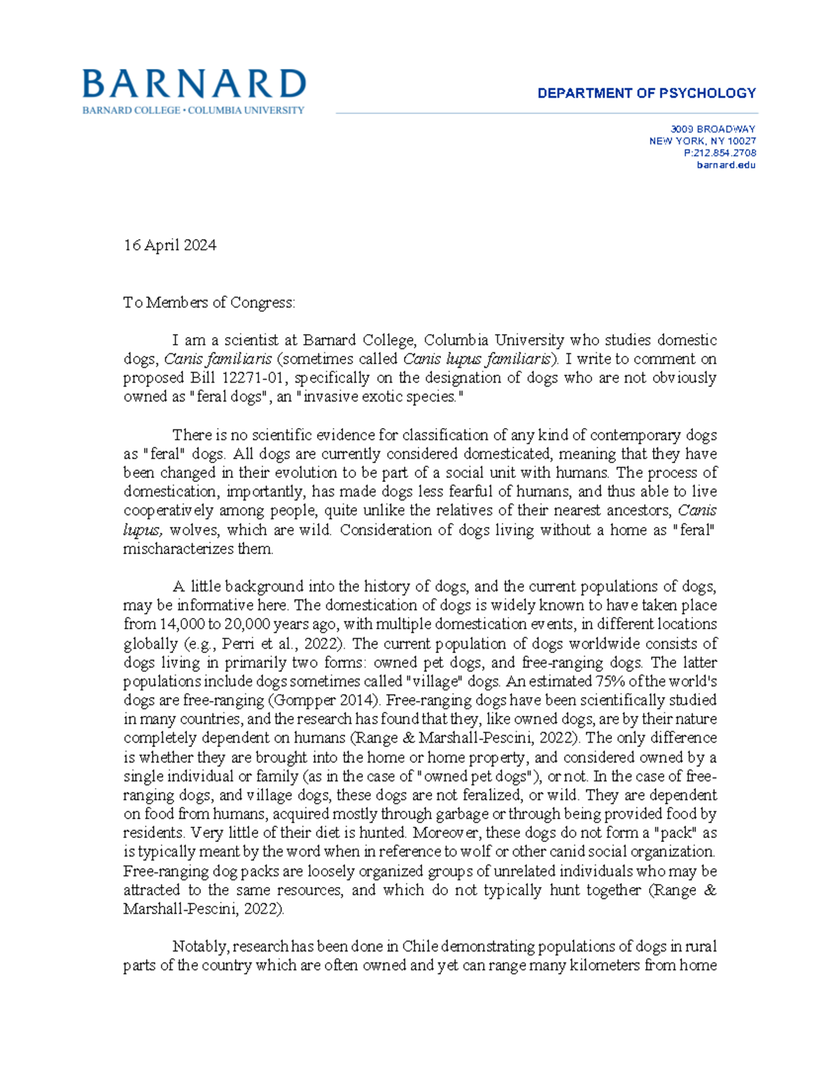 Horowitz Letter to Chilean Congress - 3009 BROADWAY NEW YORK, NY 10027 ...