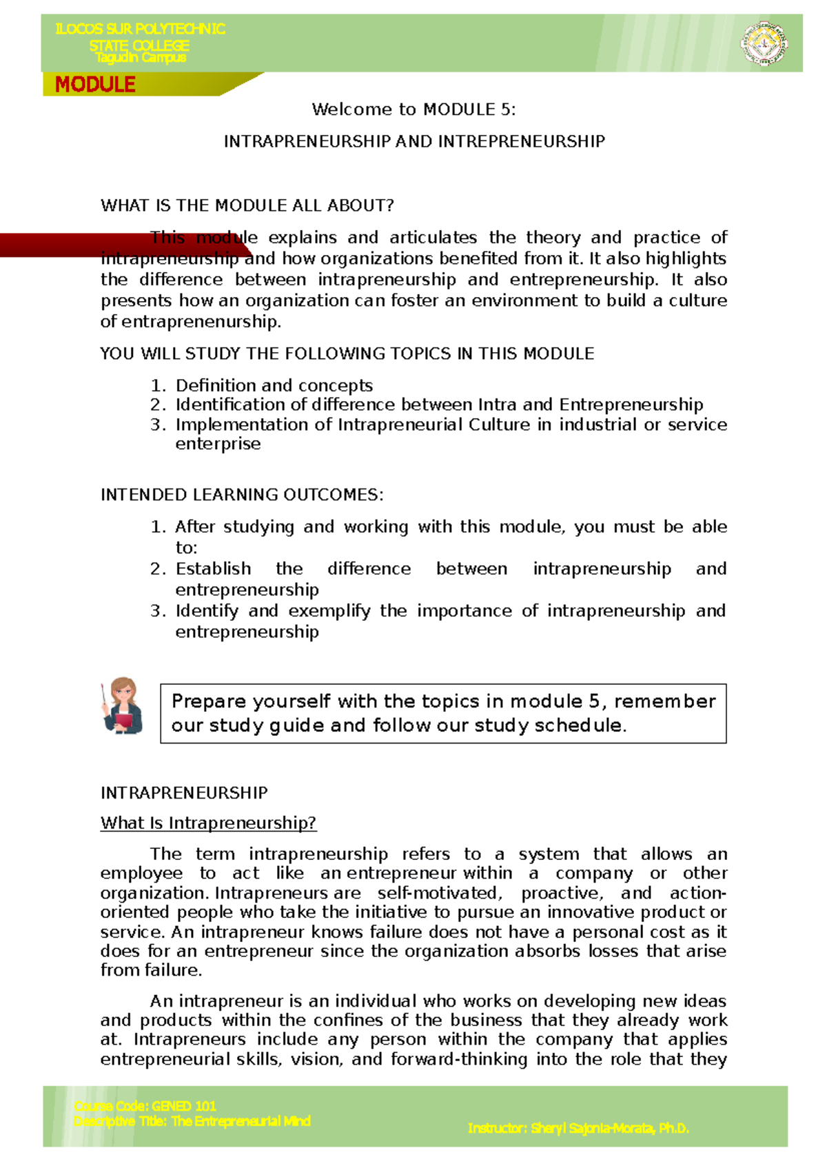 Entrep Behav Modules - module 5 - Welcome to MODULE 5: INTRAPRENEURSHIP ...