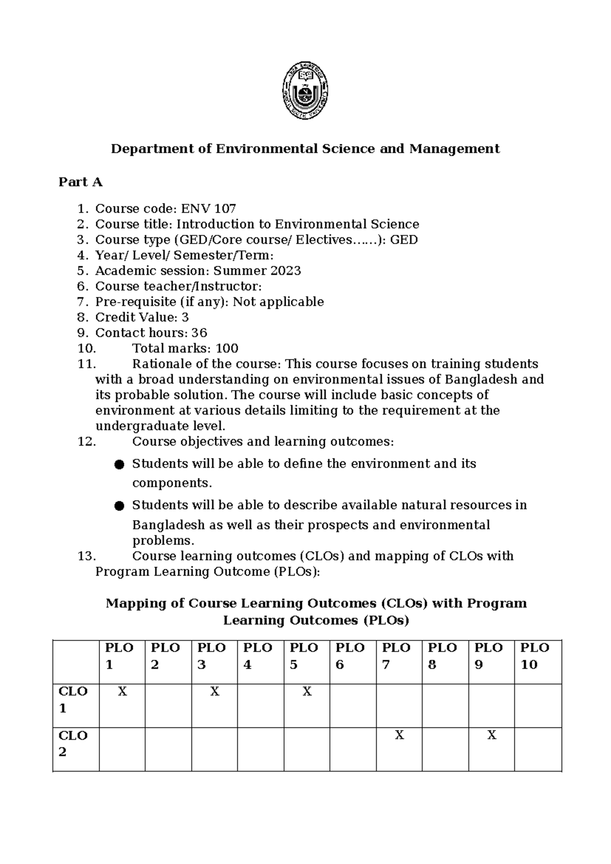 Course Outline ENV 107 Introduction to Environmental Science-OBE Blueprint - Department of - Studocu