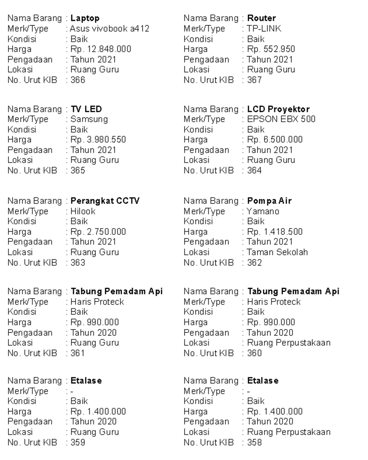 Label Barang - Detail - Nama Barang : Laptop Merk/Type : Asus vivobook ...