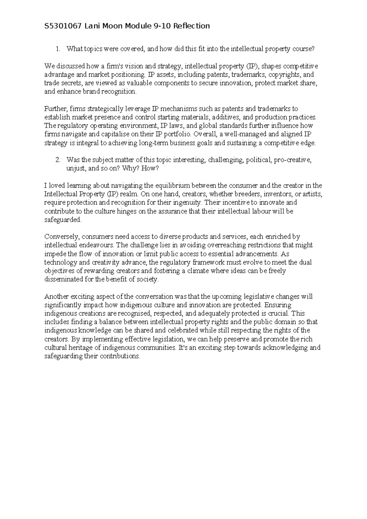 IP Law Module 9-10 - S5301067 Lani Moon Module 9-10 Reflection 1. What ...