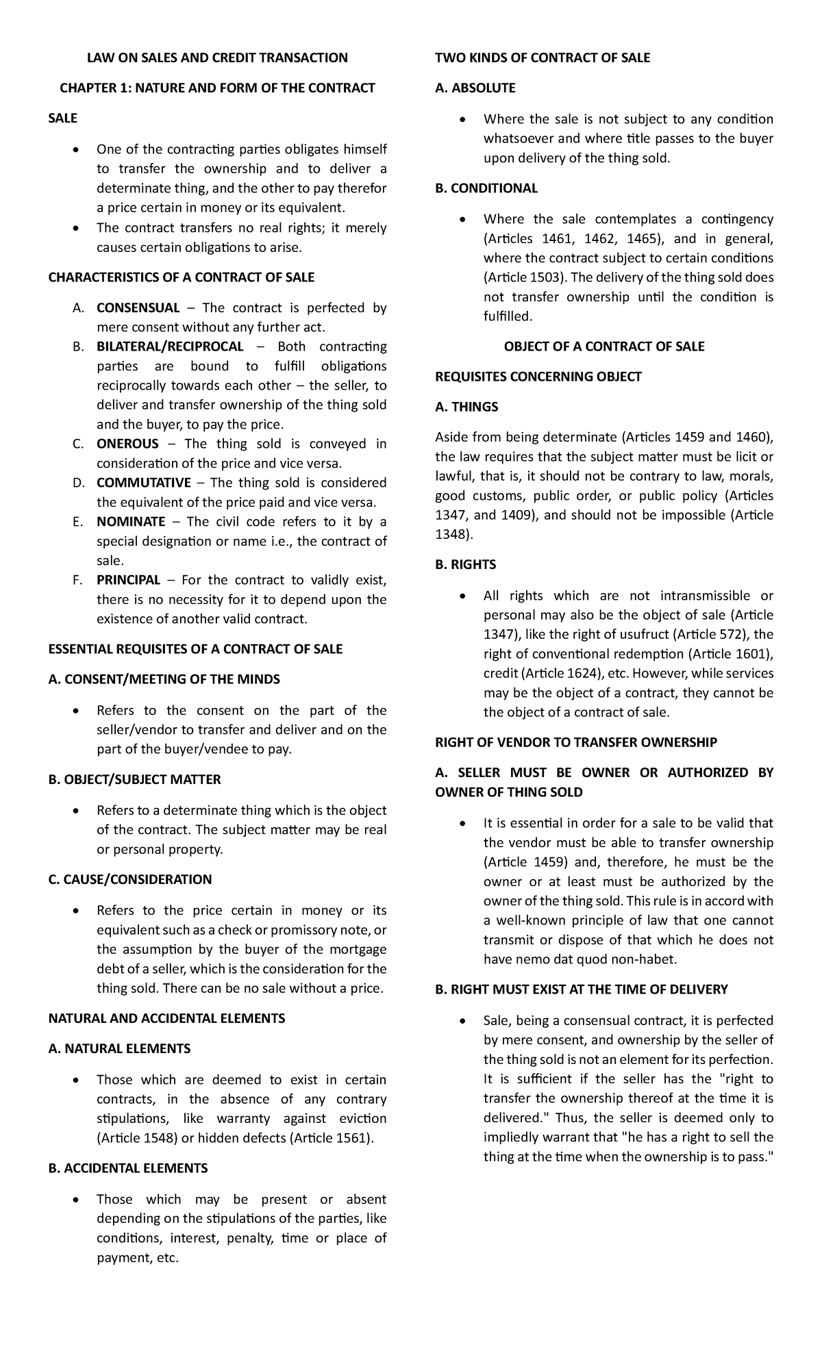 LAW ON Sales - Chapter 1 - LAW ON SALES AND CREDIT TRANSACTION CHAPTER ...