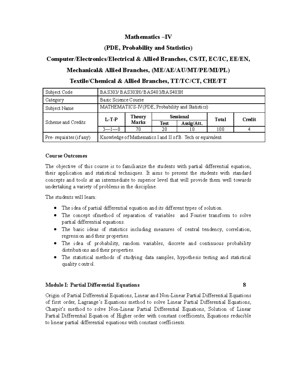 Mathematics IV syllabus - Mathematics –IV (PDE, Probability and ...