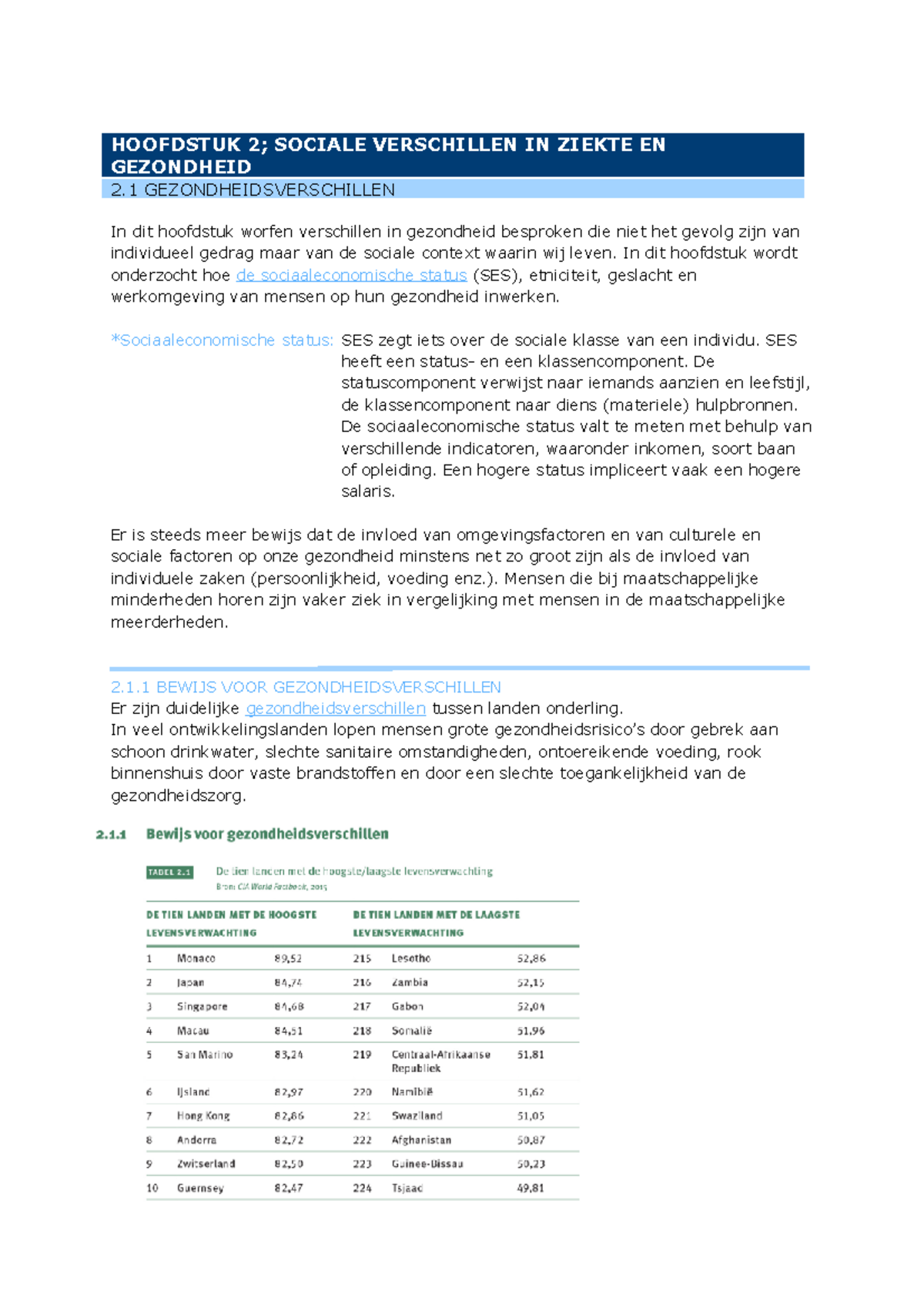 Samenvatting gezondleven hoofdstuk 2 - HOOFDSTUK 2; SOCIALE VERSCHILLEN ...