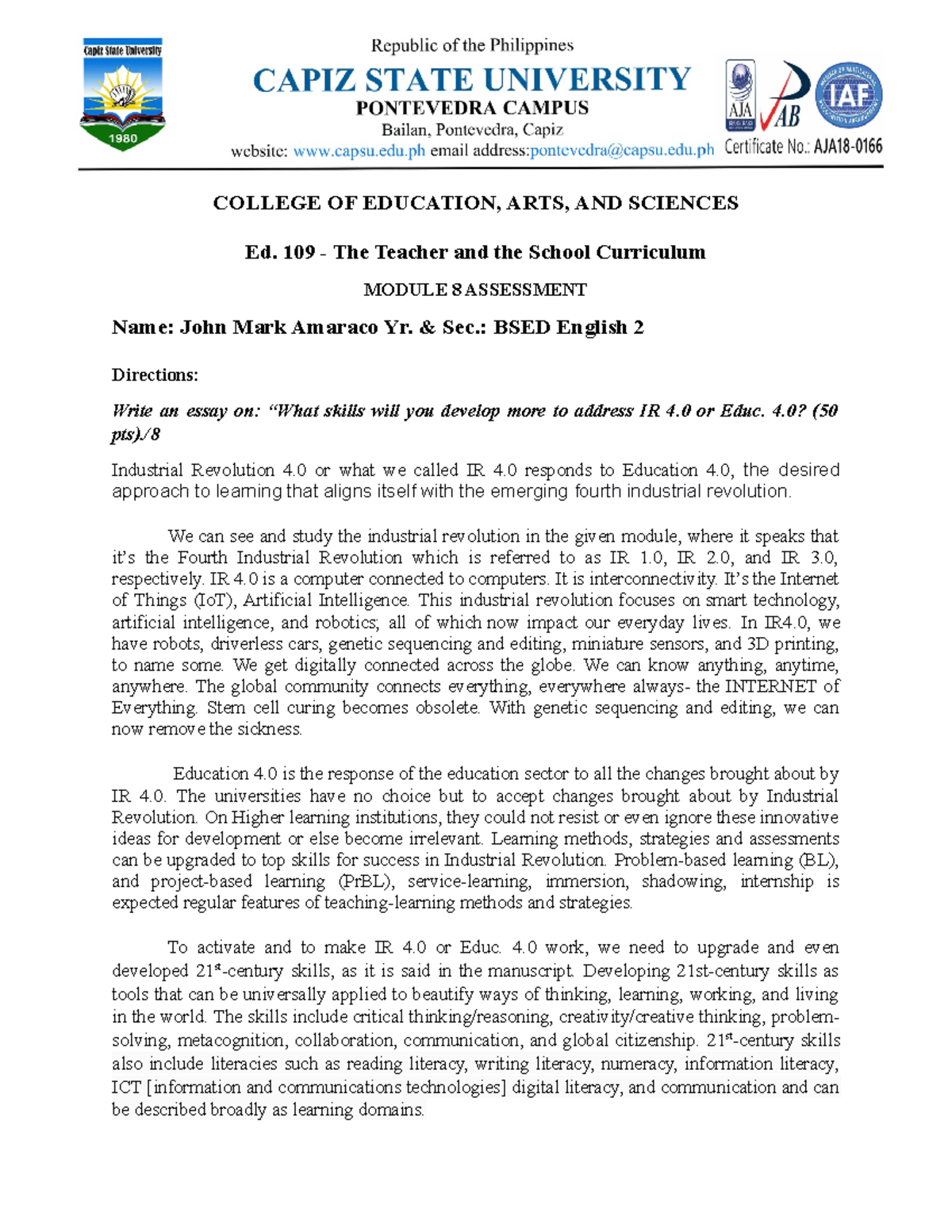 Ed 109 8 - asf - COLLEGE OF EDUCATION, ARTS, AND SCIENCES Ed. 109 - The ...