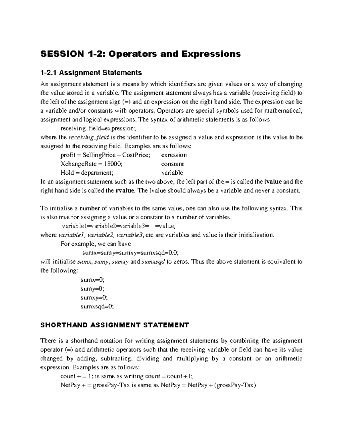 UNIT 2Lecture notes 1-10 - SESSION 1-2: Operators and Expressions 1-2 ...