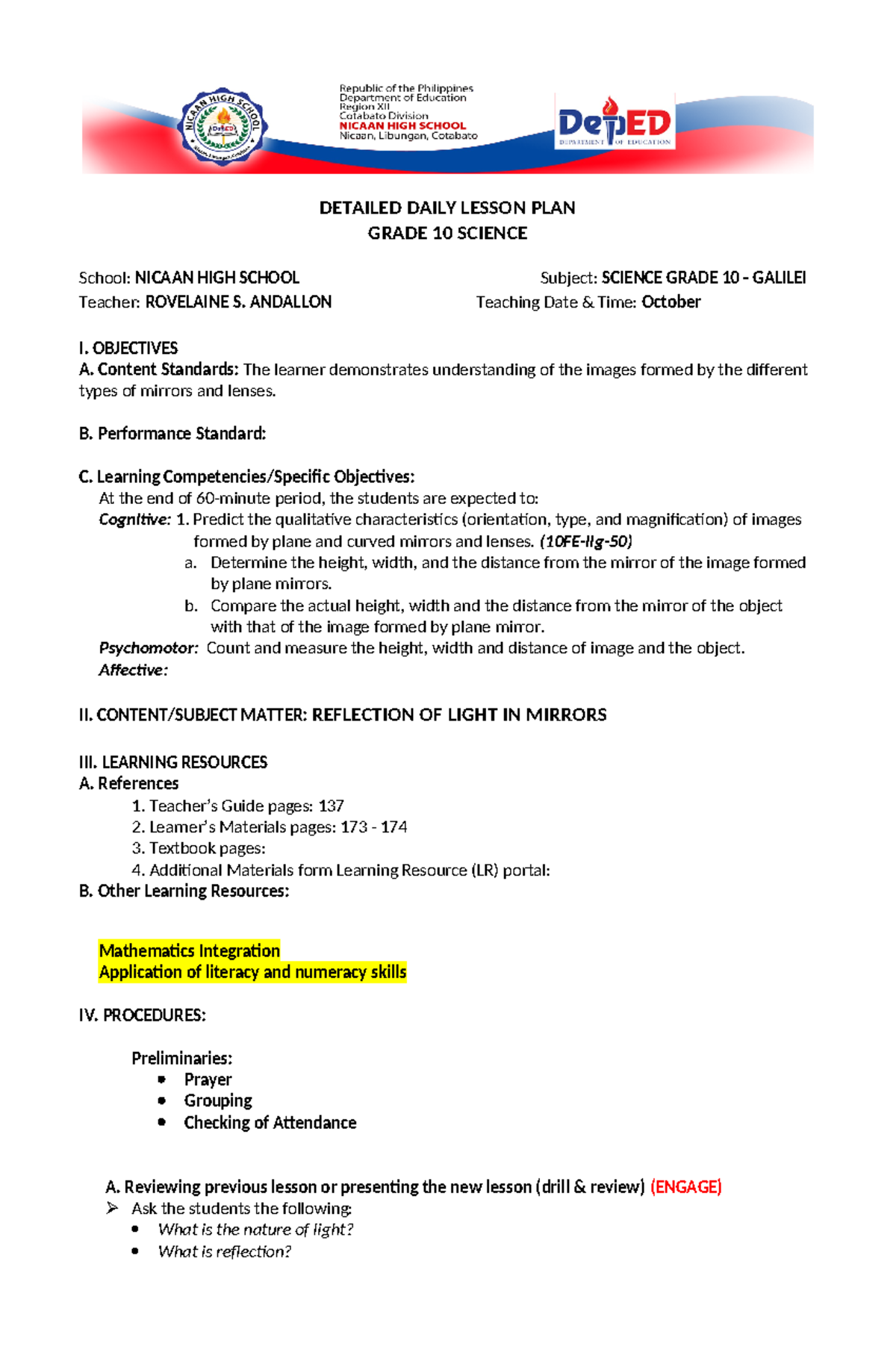 DLL for COT 2nd Q - DETAILED DAILY LESSON PLAN GRADE 10 SCIENCE School ...