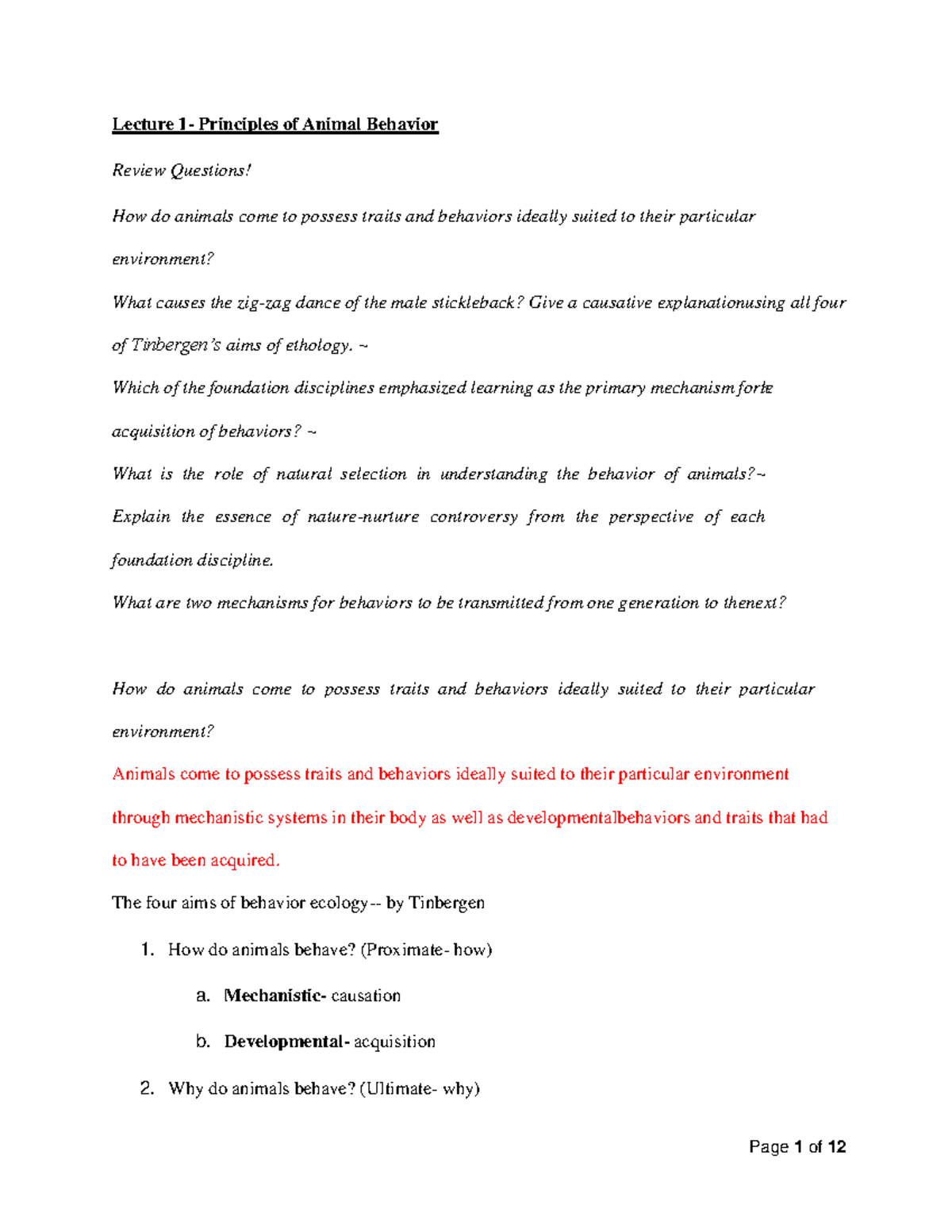Ecology Exam 1 Lecture Review - Lecture 1- Principles of Animal Behavior Review Questions! How ...